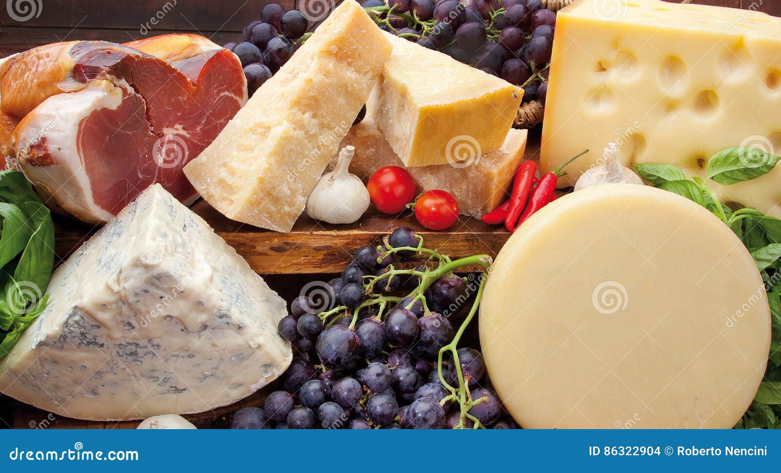 Italian Ham, Cheese and Red Grapes Stock Photo - Image of cutting ...