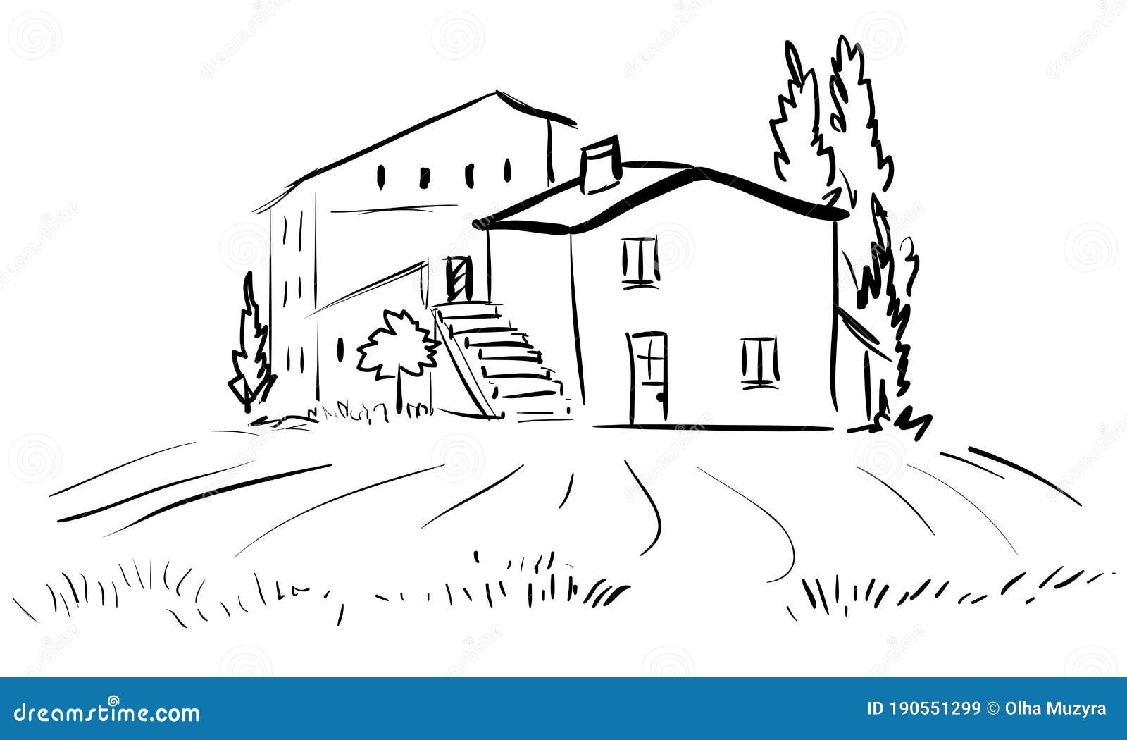 Italian House with Stairs and Poplars Stock Vector - Illustration of ...