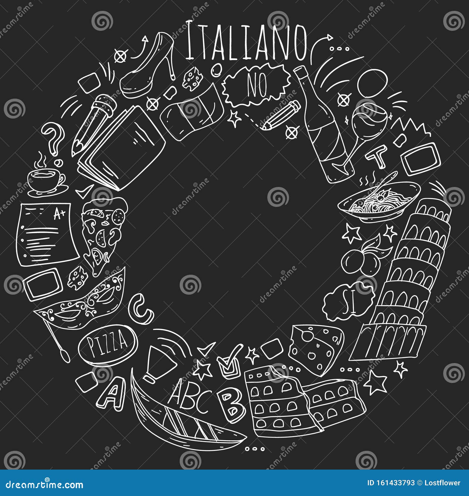 Italian Language Learning. Vector Pattern with Icons and National ...