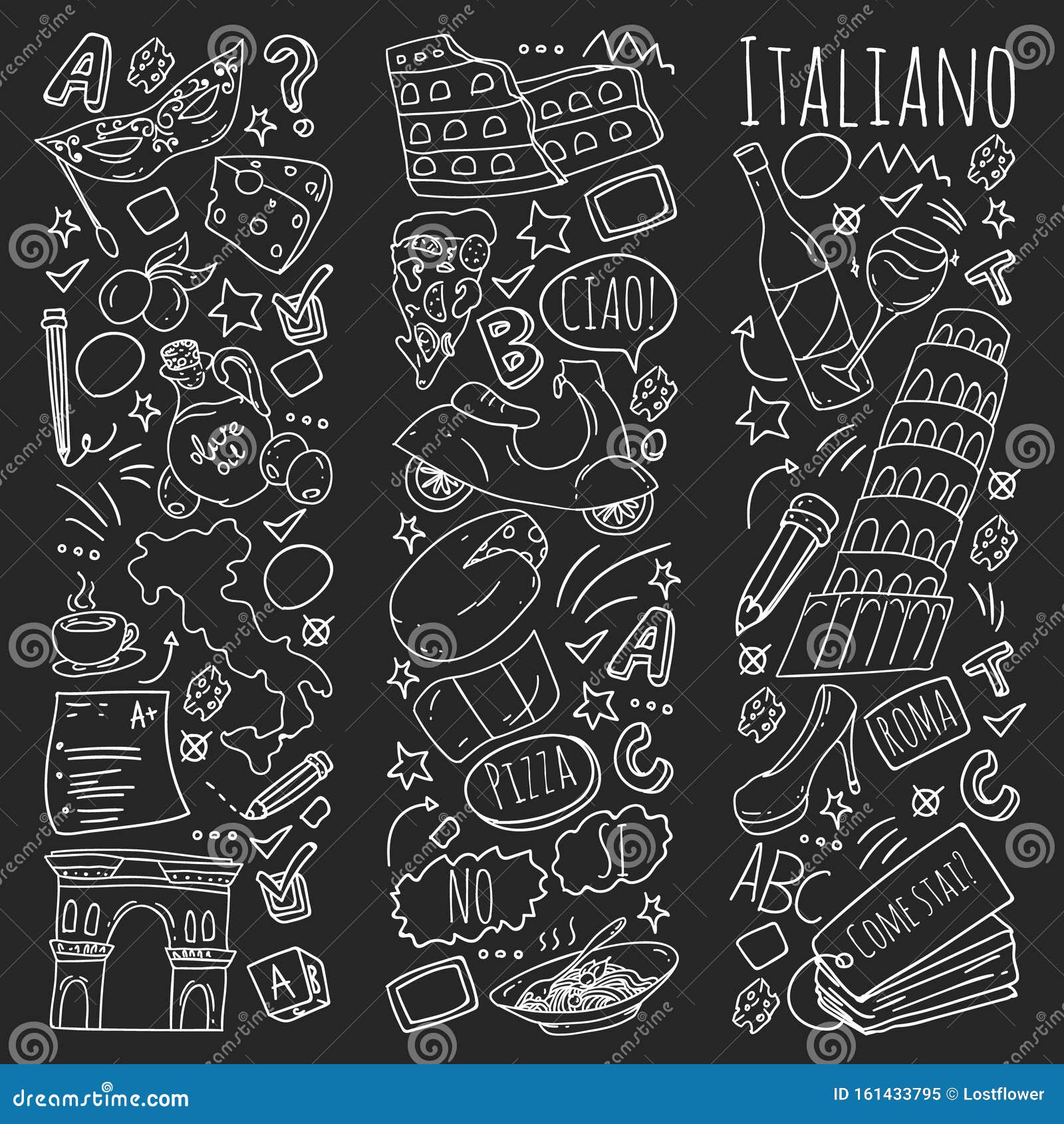Italian Language Learning. Vector Pattern with Icons and National ...