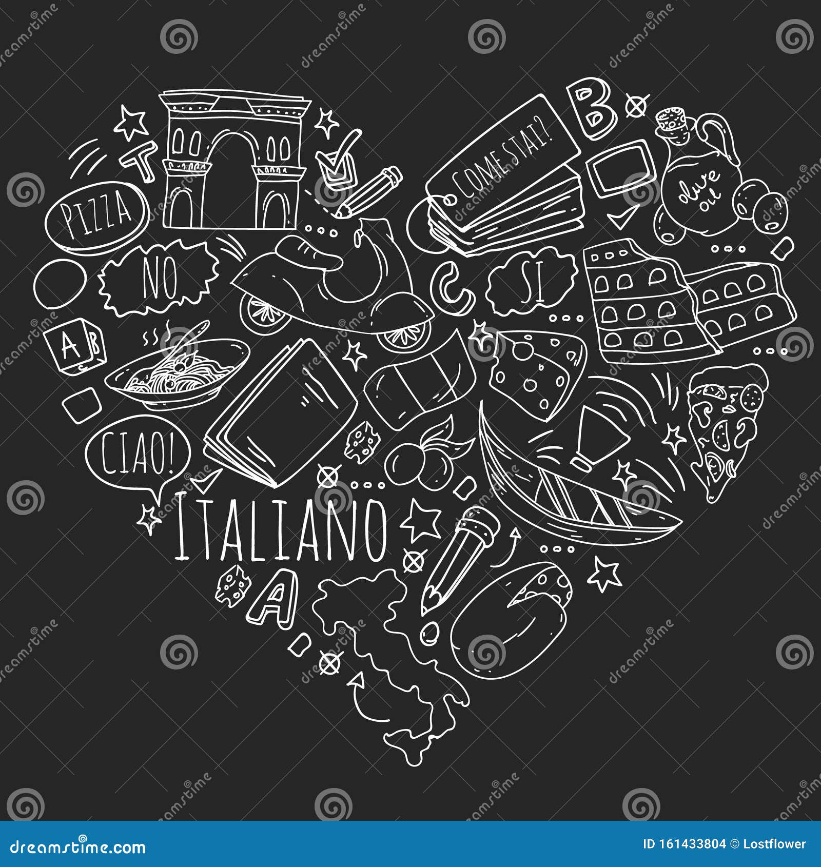 Italian Language Learning. Vector Pattern with Icons and National ...