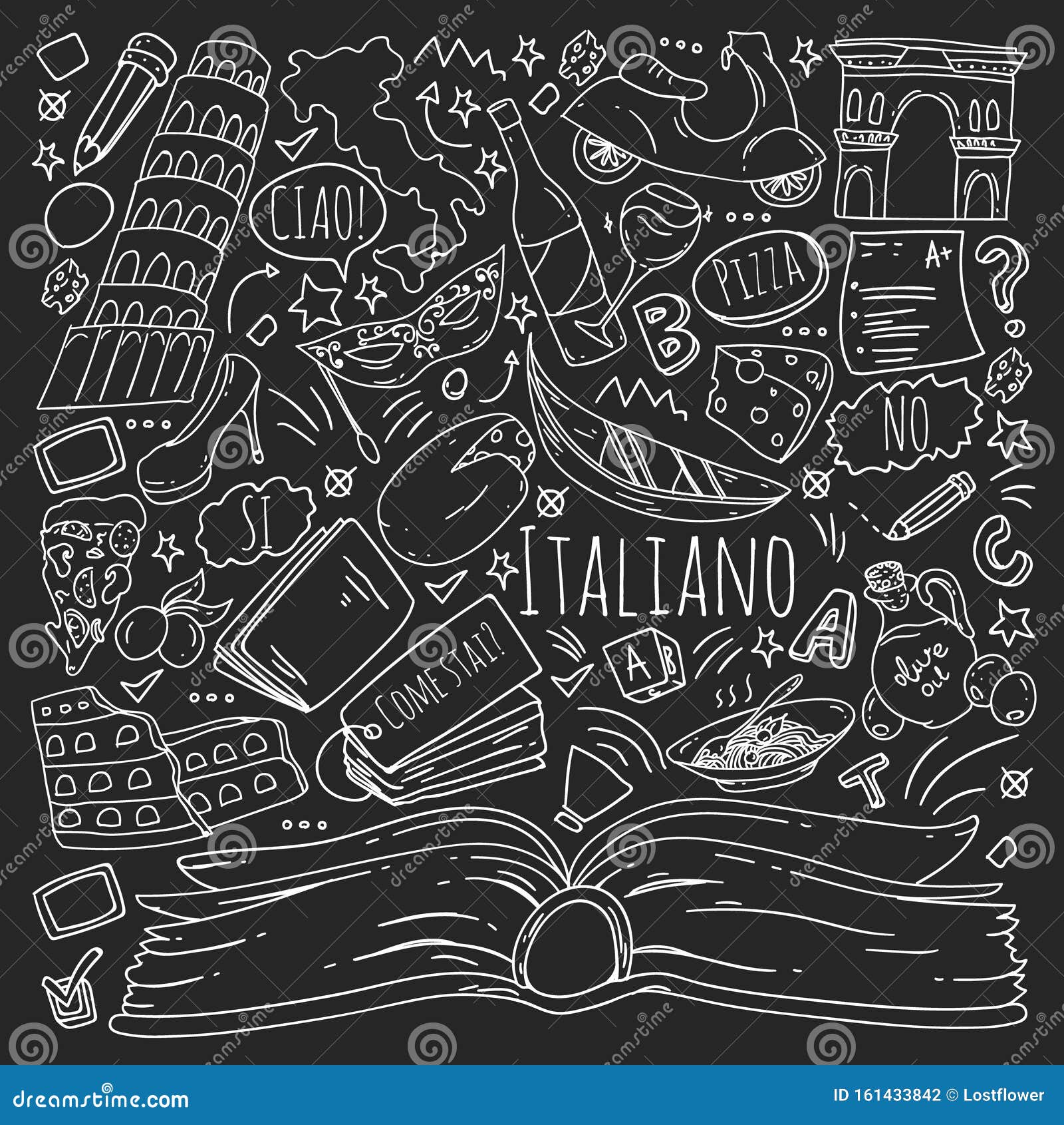 Italian Language Learning. Vector Pattern with Icons and National ...