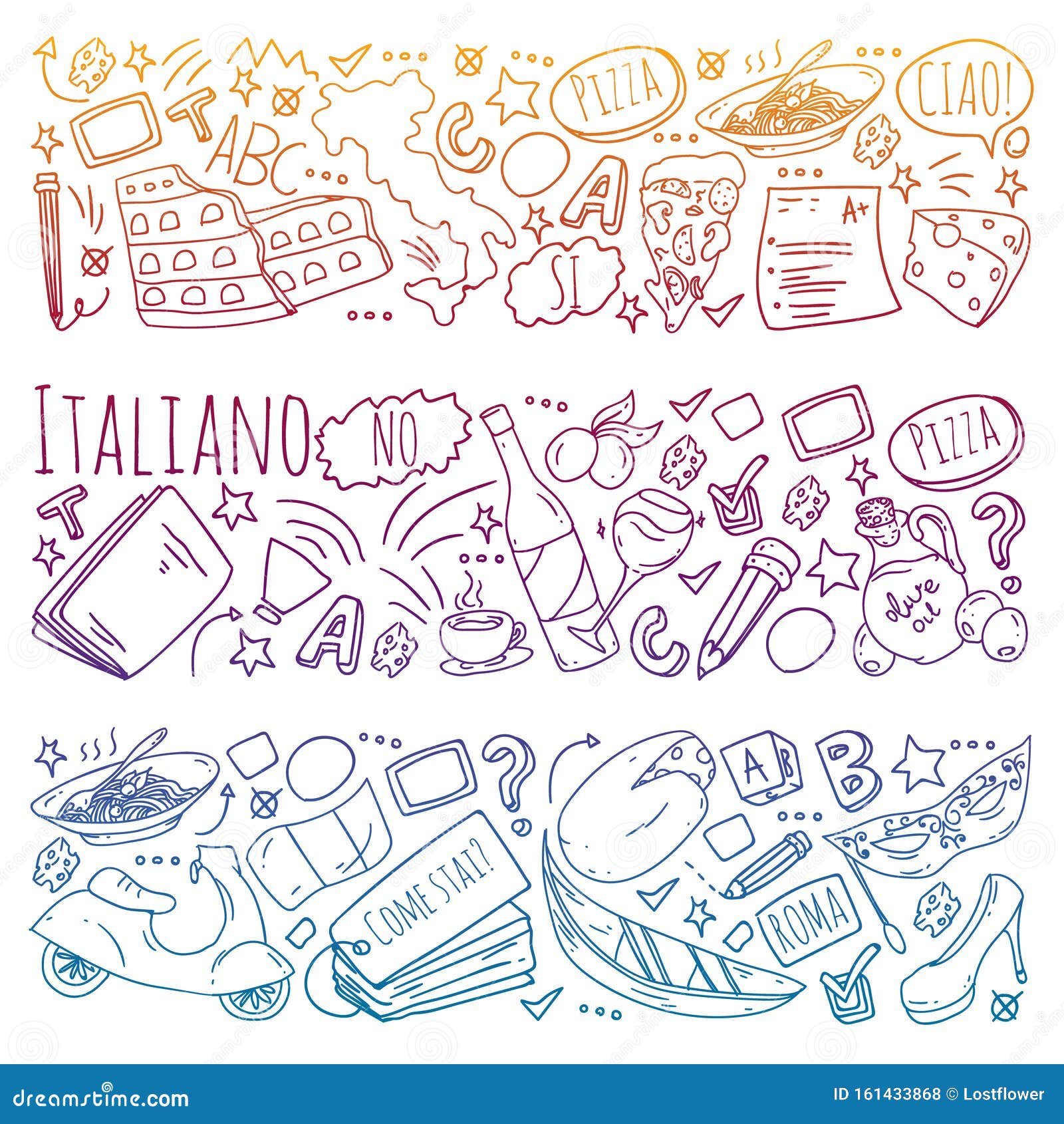 Italian Language Learning. Vector Pattern with Icons and National ...