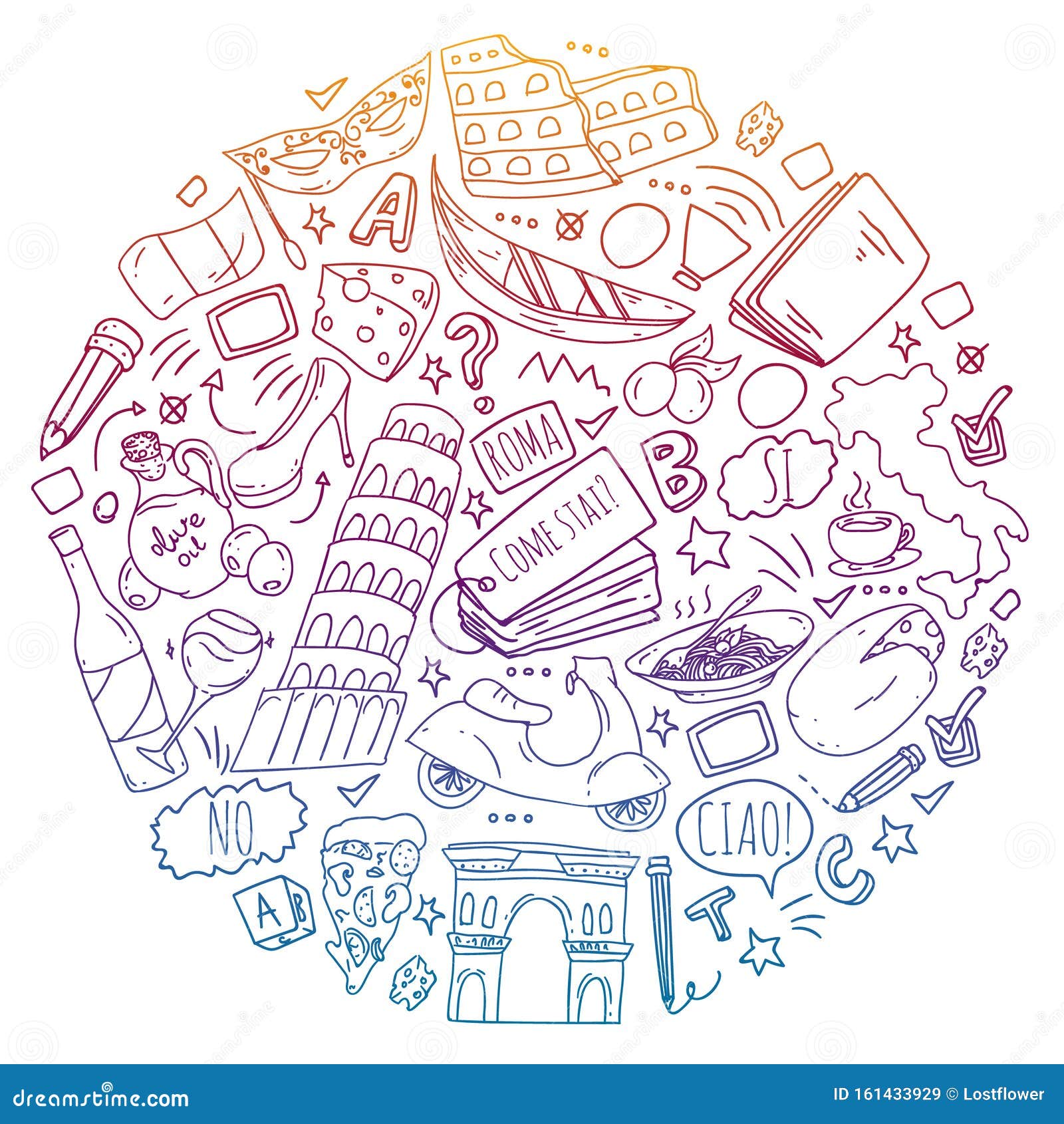 Italian Language Learning. Vector Pattern with Icons and National ...