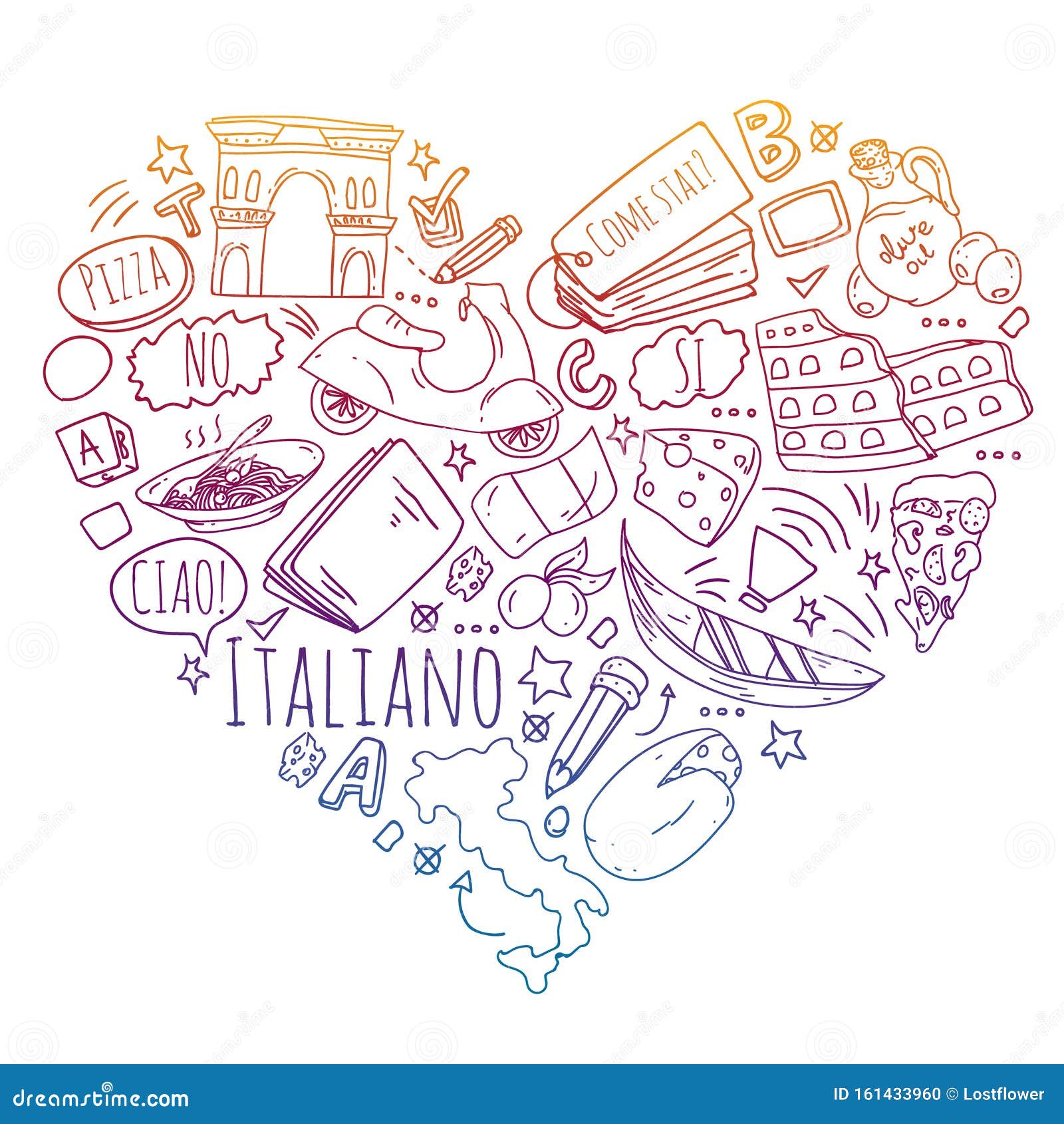Italian Language Learning. Vector Pattern with Icons and National ...