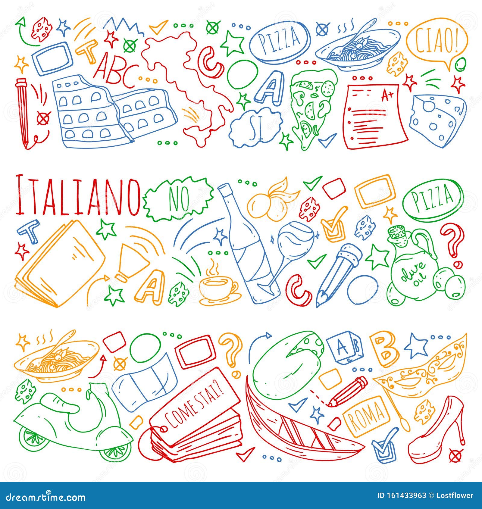 Italian Language Learning. Vector Pattern with Icons and National ...