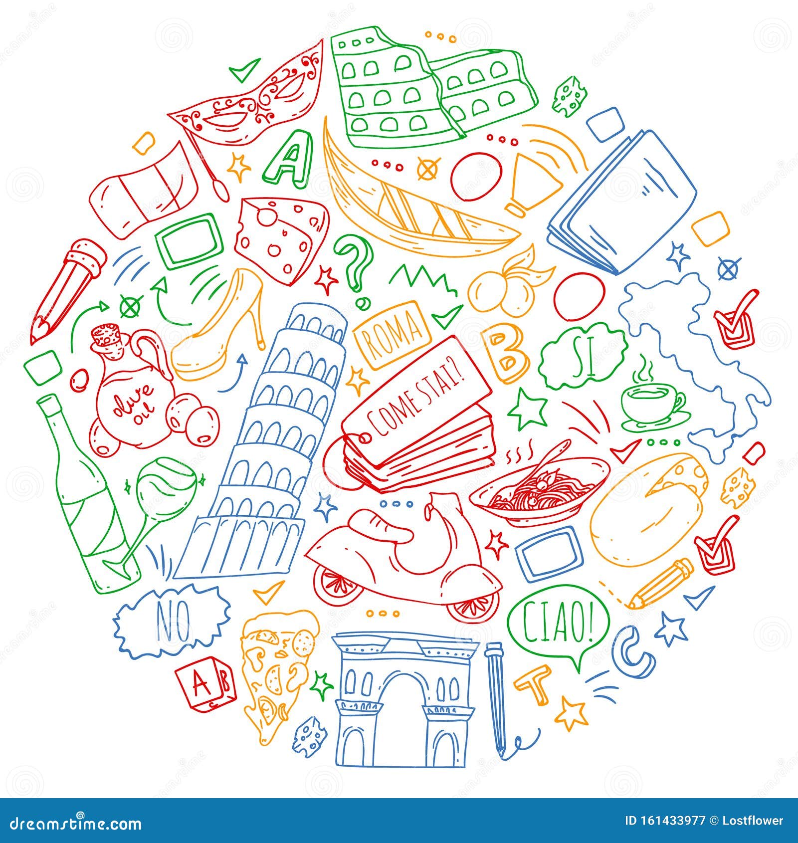 Italian Language Learning. Vector Pattern with Icons and National ...