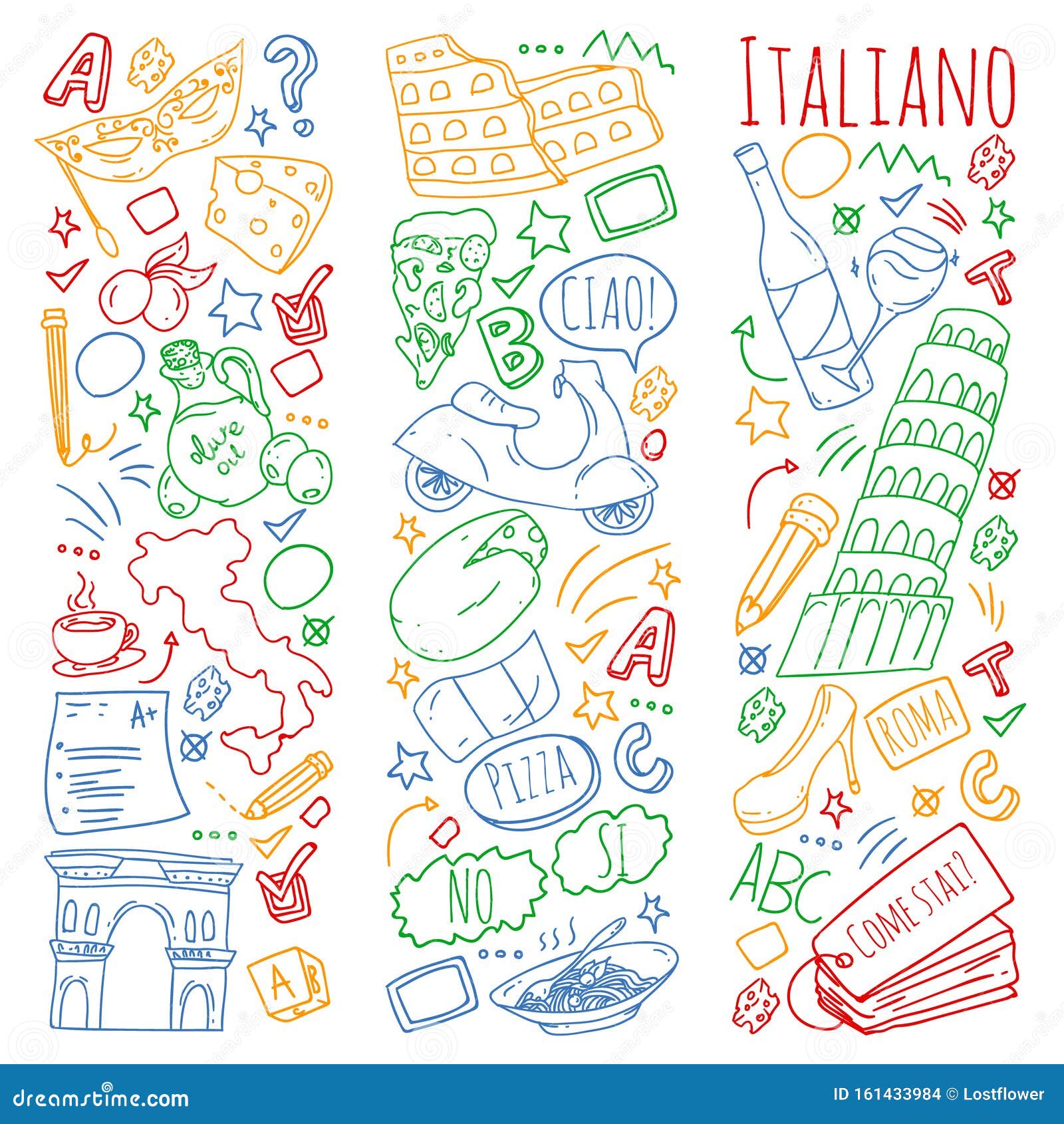 Italian Language Learning. Vector Pattern with Icons and National ...