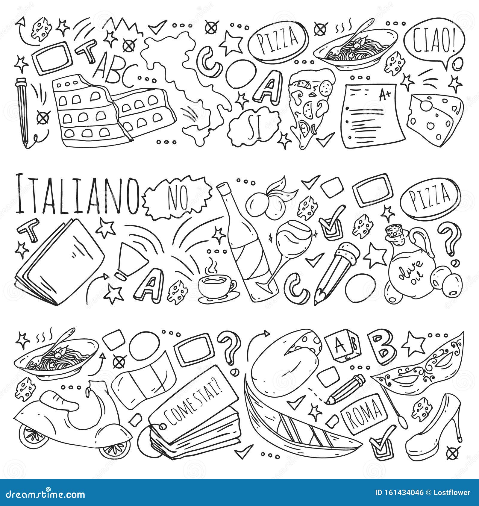 Italian Language Learning. Vector Pattern with Icons and National ...