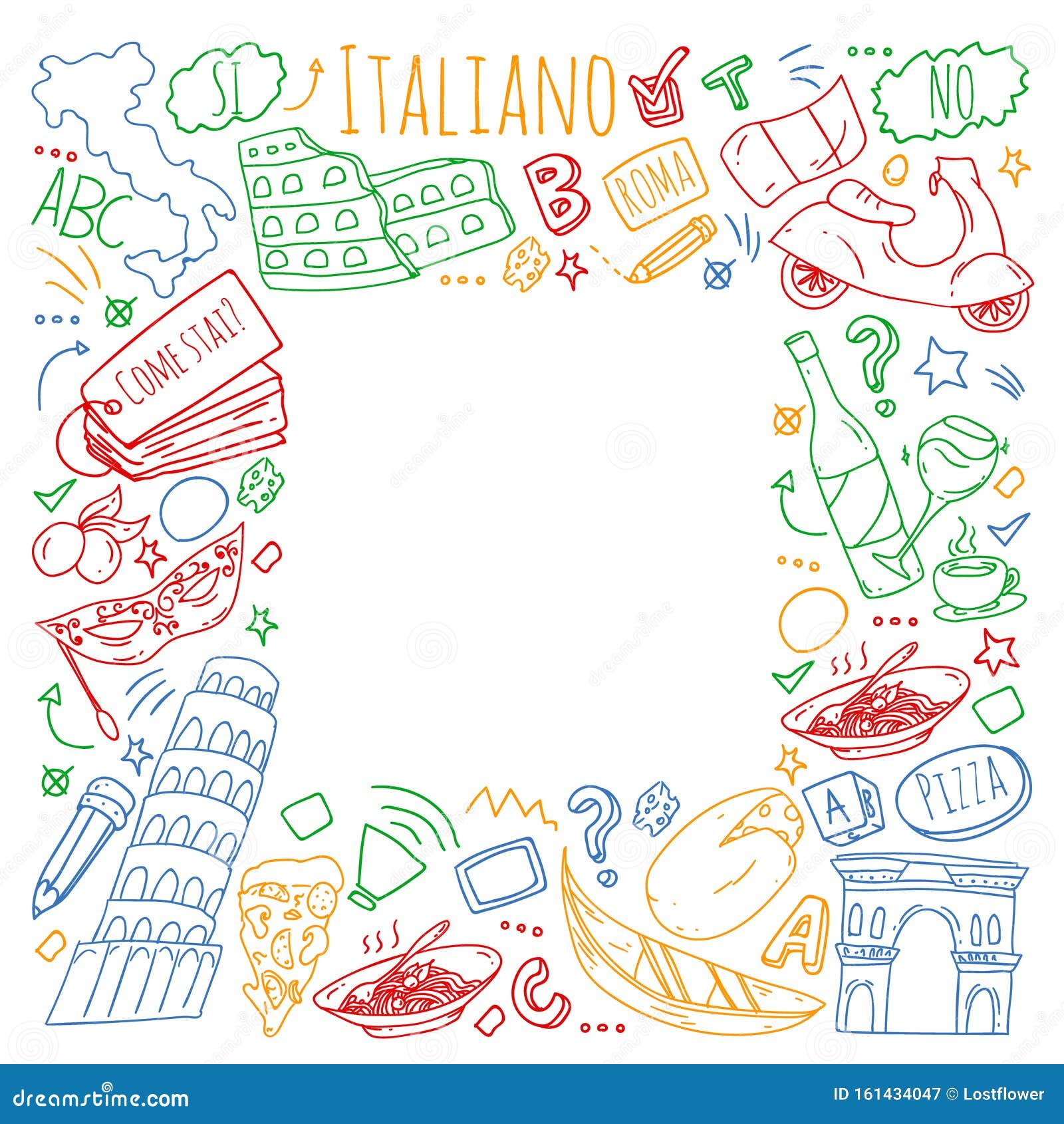 Italian Language Learning. Vector Pattern with Icons and National ...