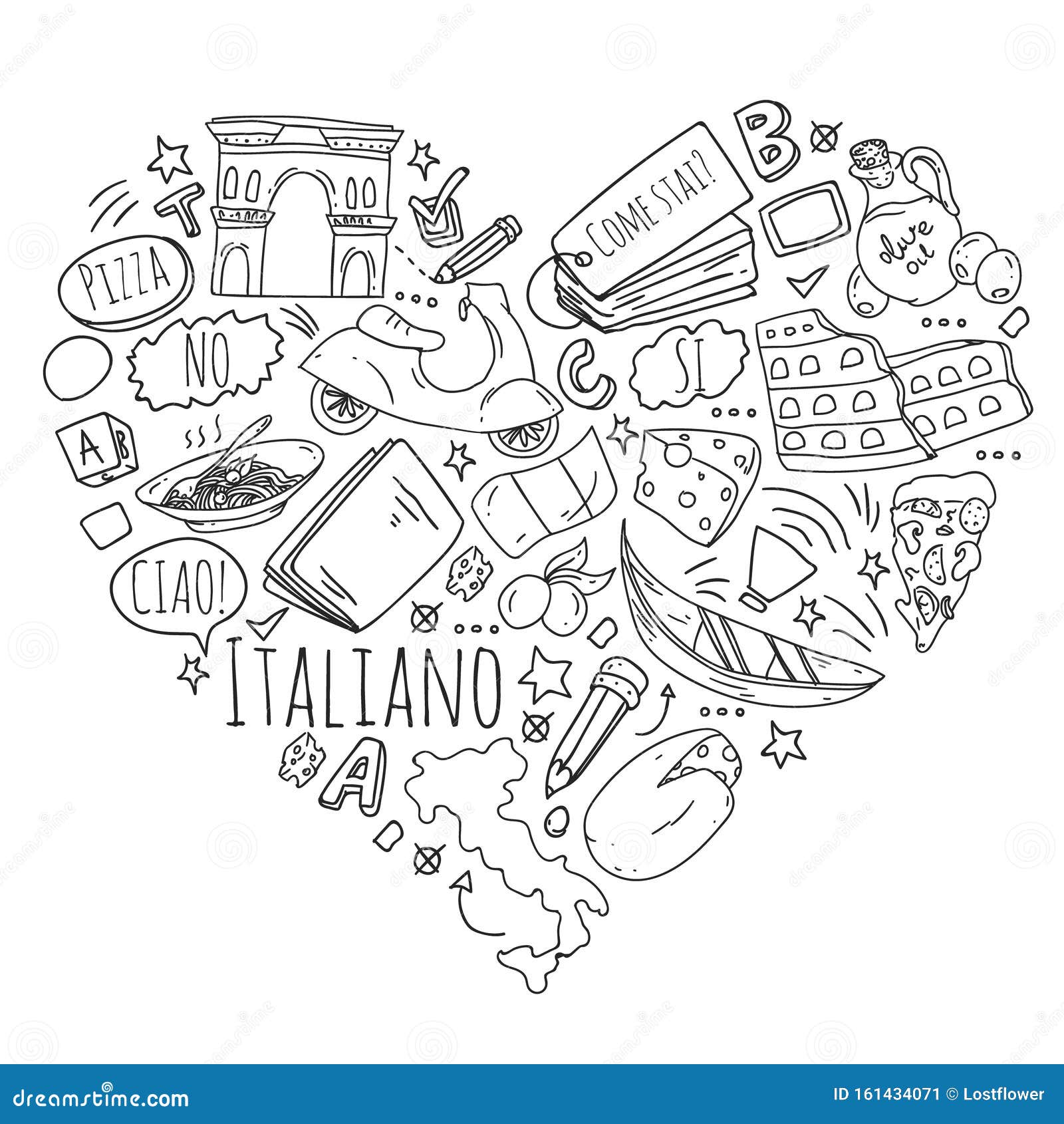 Italian Language Learning. Vector Pattern with Icons and National ...