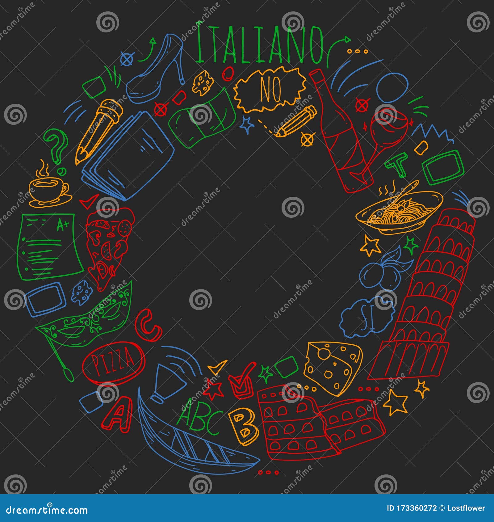Italian Language Learning. Vector Pattern with Icons and National ...