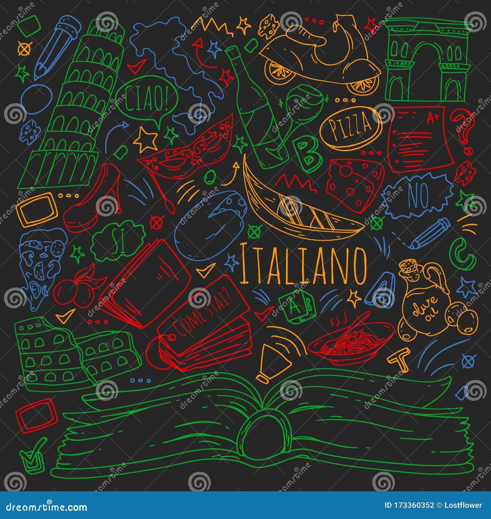 Italian Language Learning. Vector Pattern with Icons and National ...