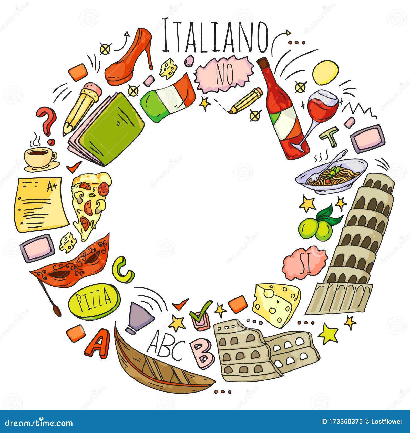 Italian Language Learning. Vector Pattern with Icons and National ...