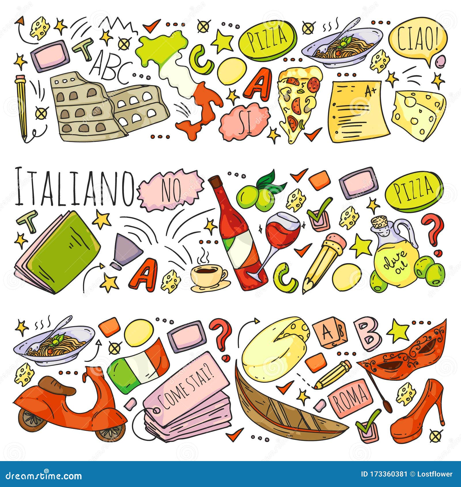 Italian Language Learning. Vector Pattern with Icons and National ...
