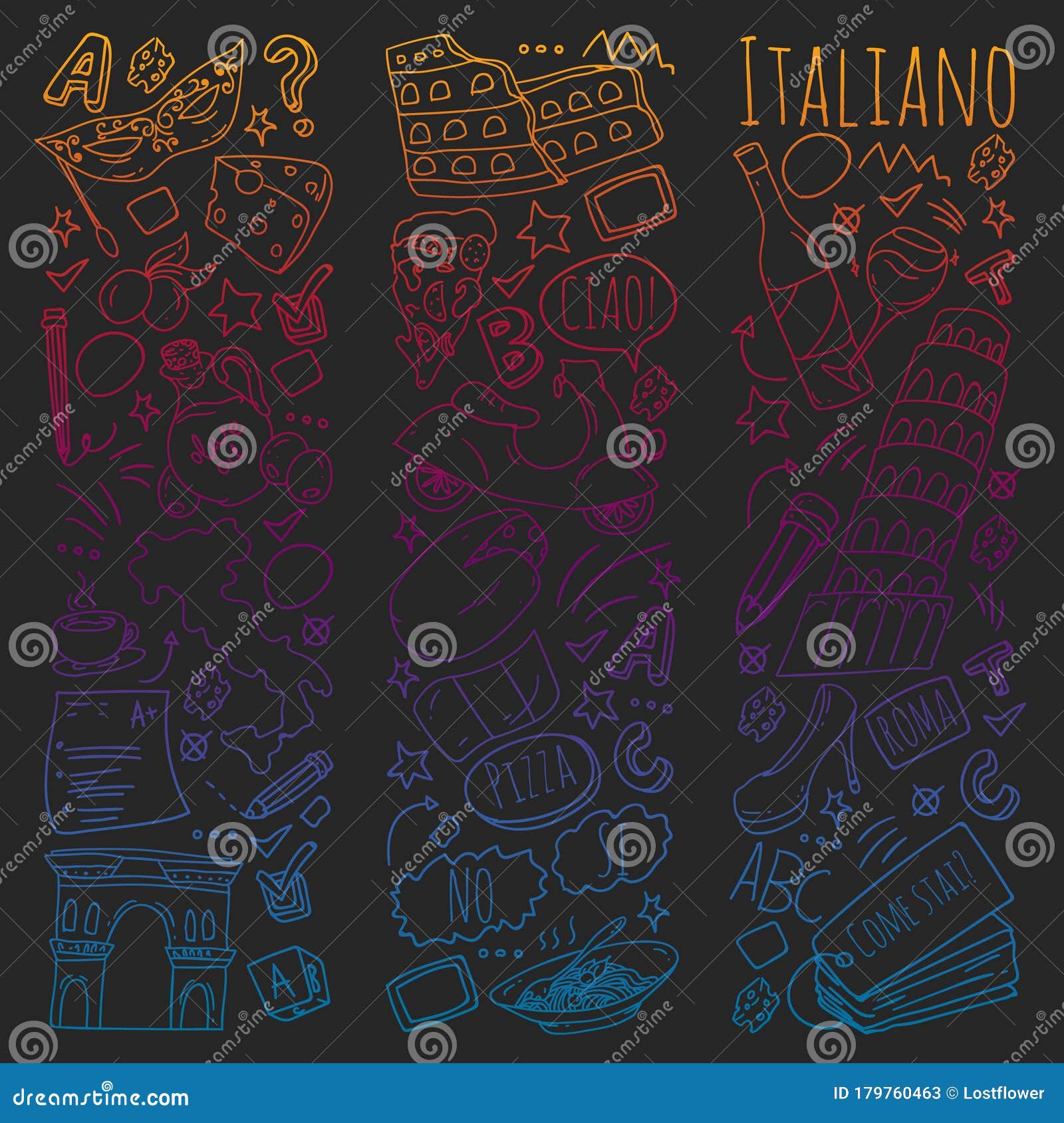 Italian Language Learning. Vector Pattern with Icons and National ...