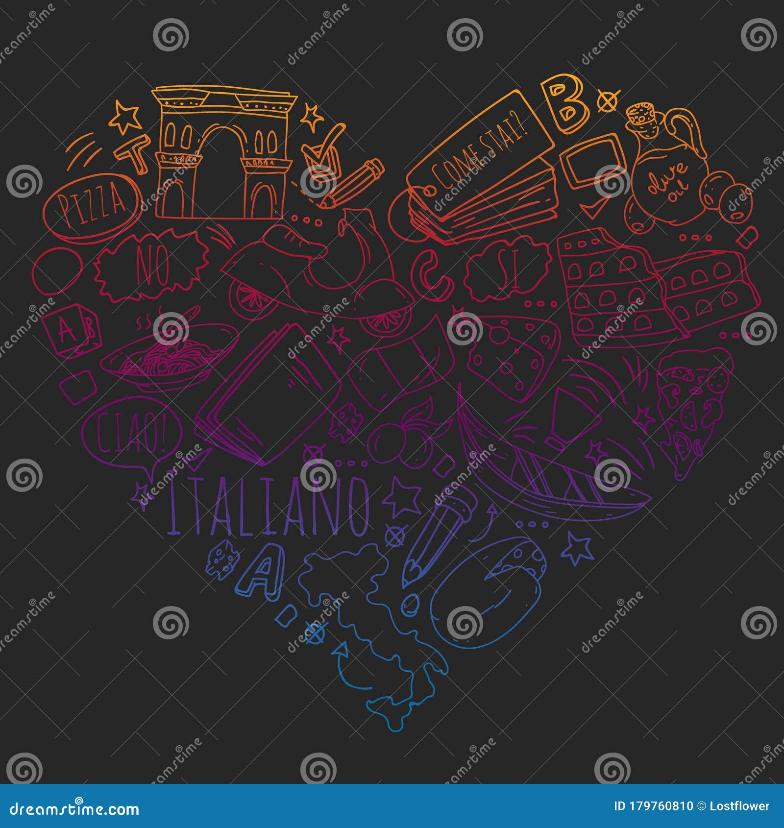 Italian Language Learning. Vector Pattern with Icons and National ...