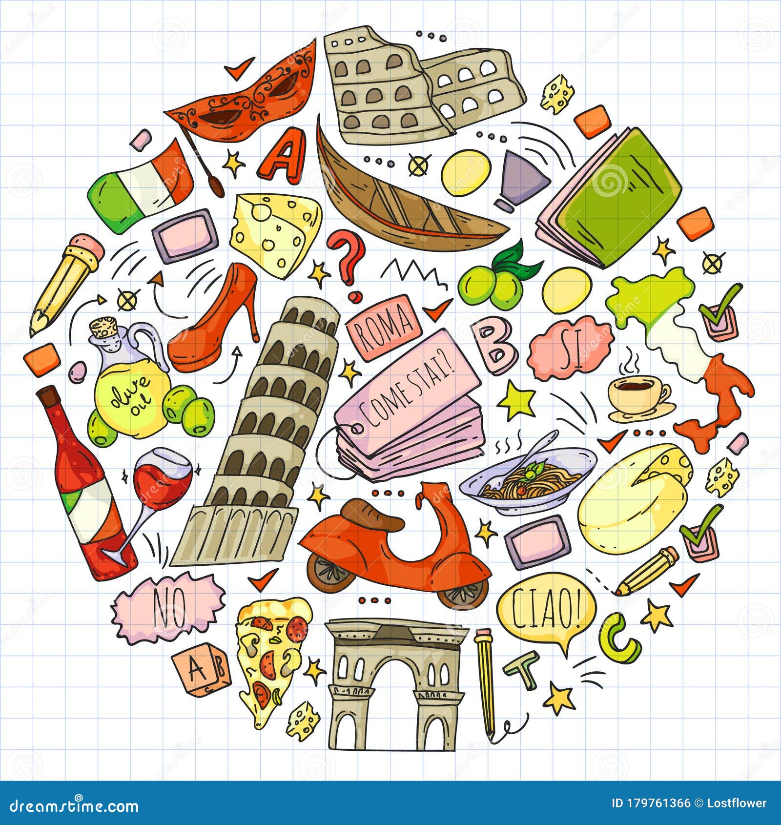 Italian Language Learning. Vector Pattern with Icons and National ...