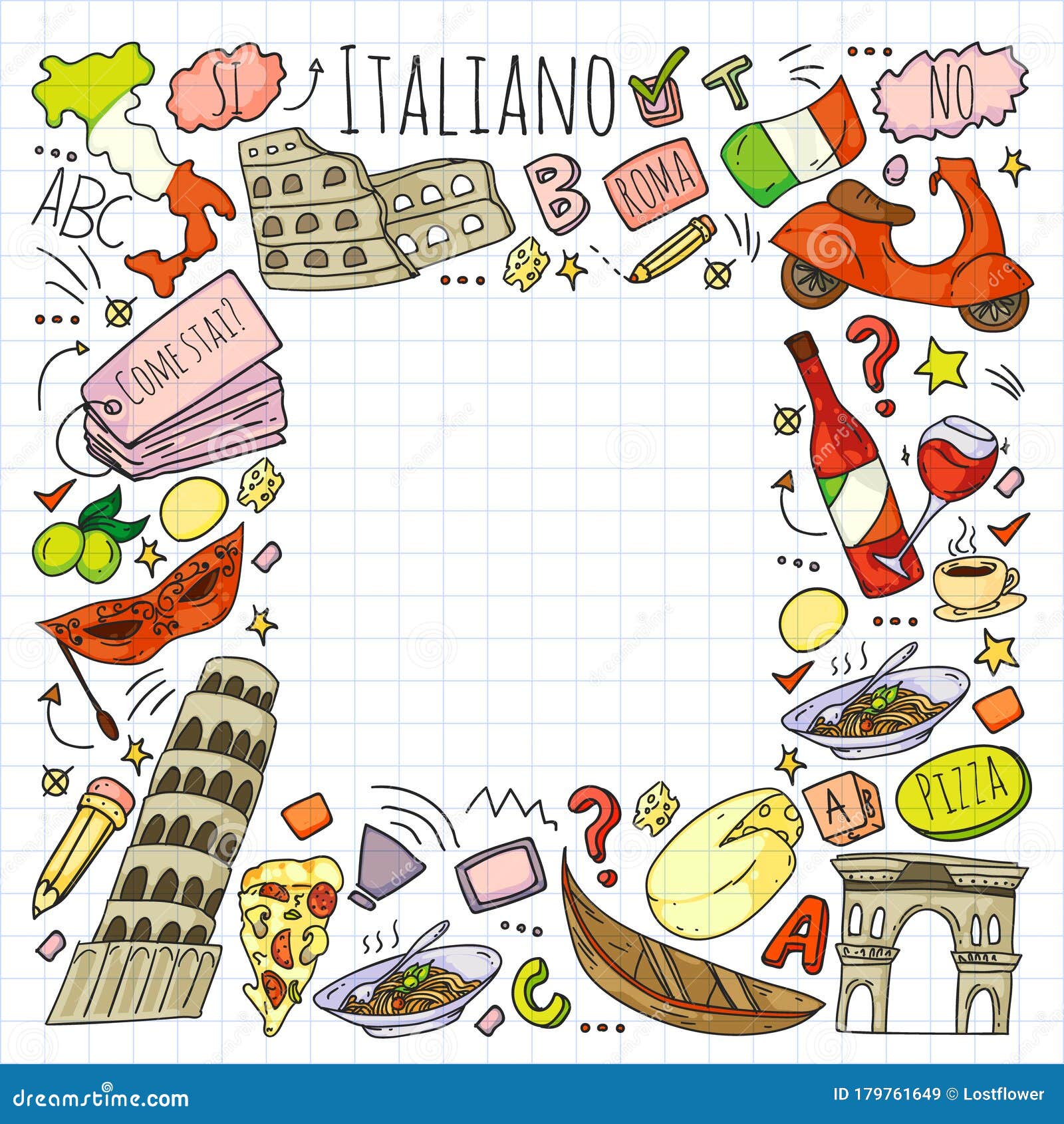 Italian Language Learning. Vector Pattern with Icons and National ...