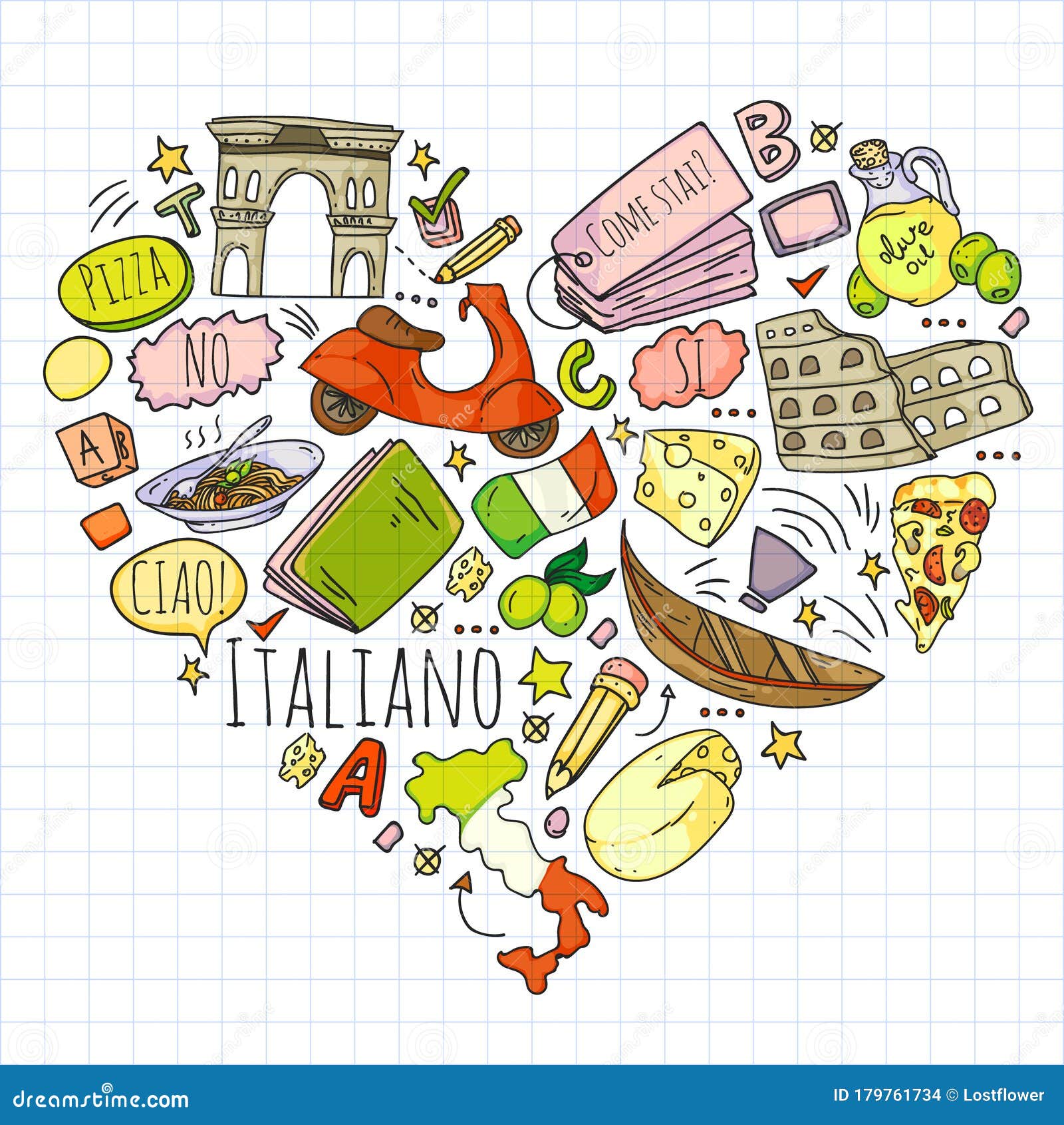 Italian Language Learning. Vector Pattern with Icons and National ...