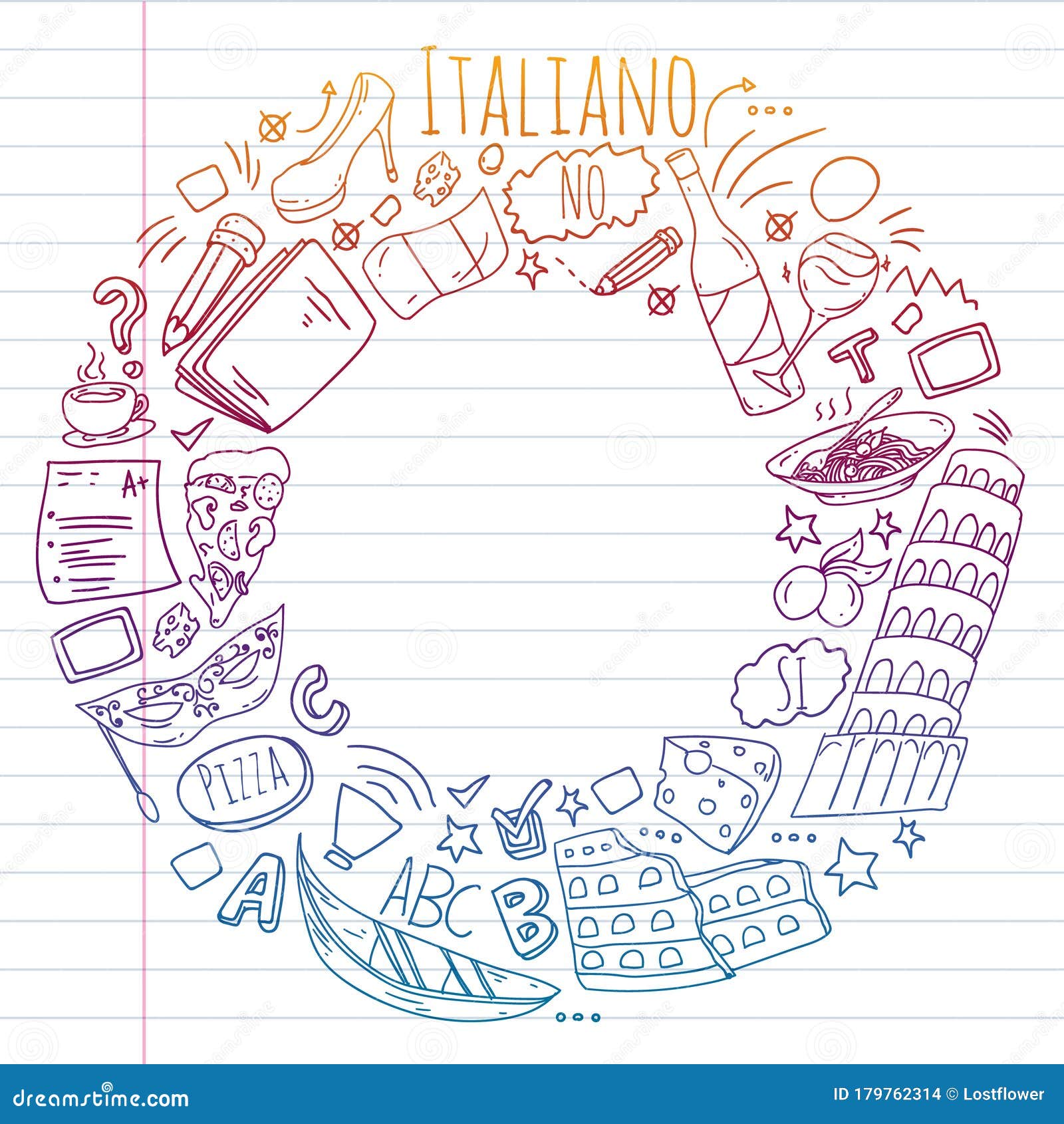 Italian Language Learning. Vector Pattern with Icons and National ...