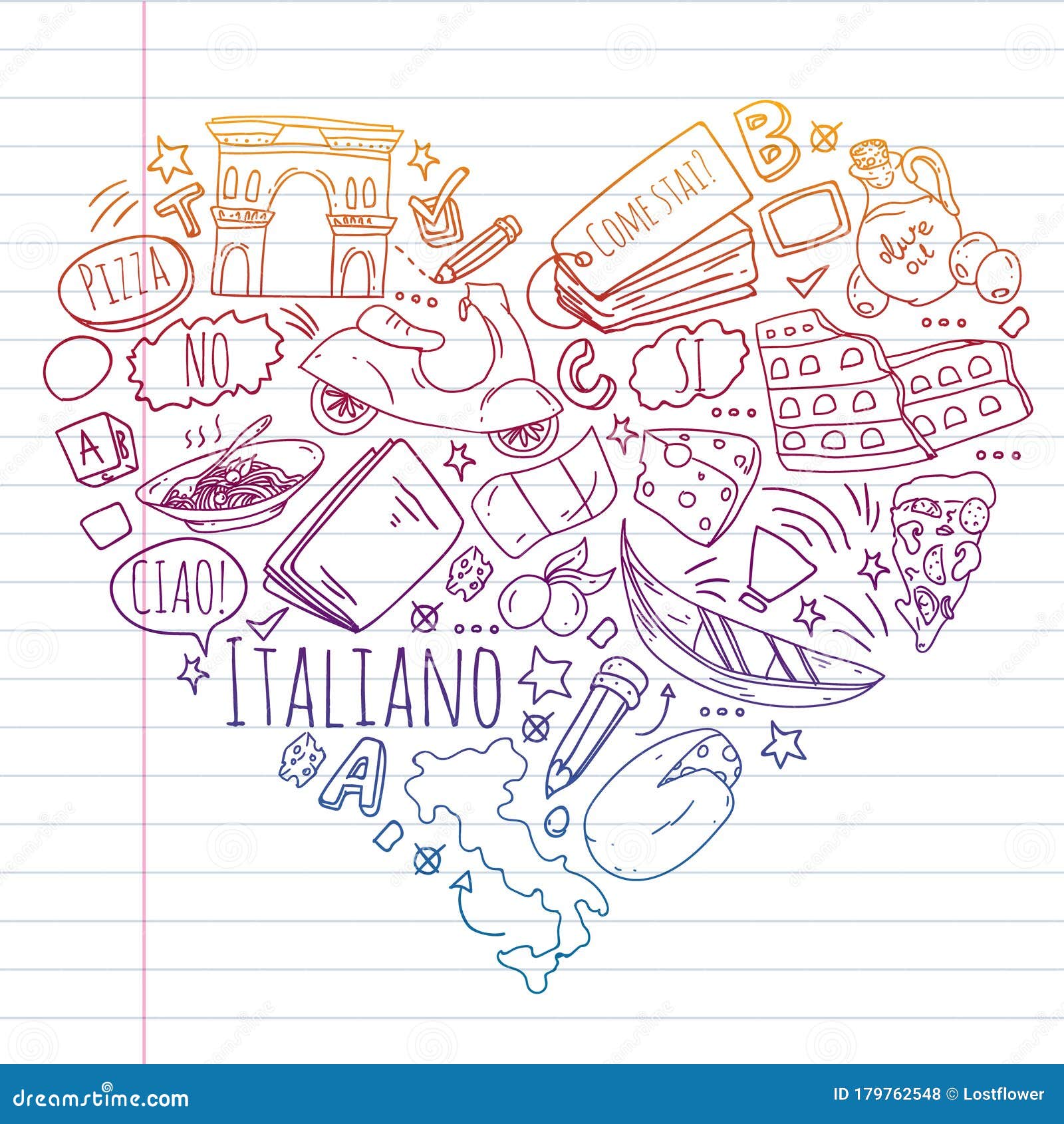 Italian Language Learning. Vector Pattern with Icons and National ...