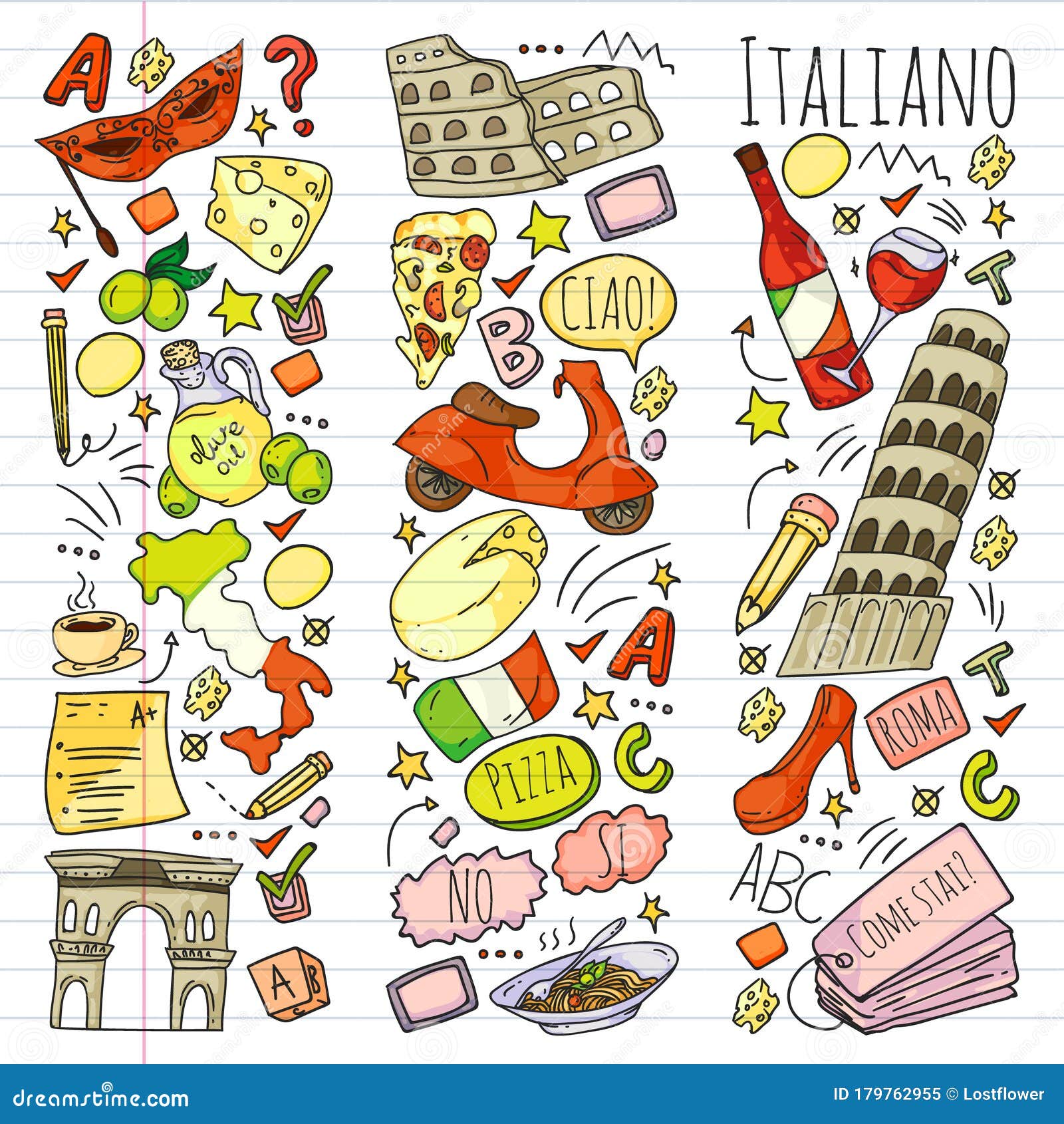 Italian Language Learning. Vector Pattern with Icons and National ...