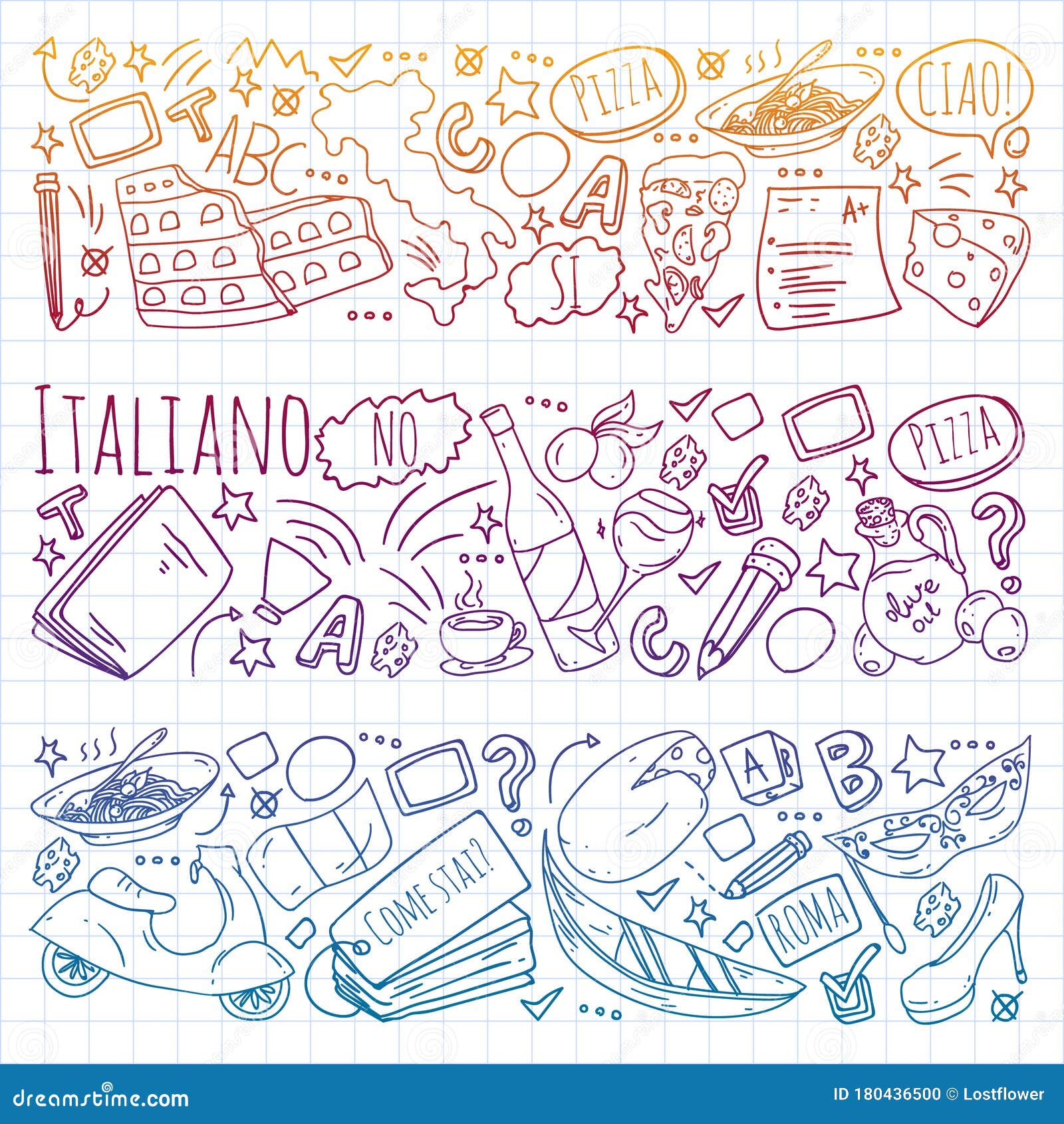 Italian Language Learning. Vector Pattern with Icons and National ...