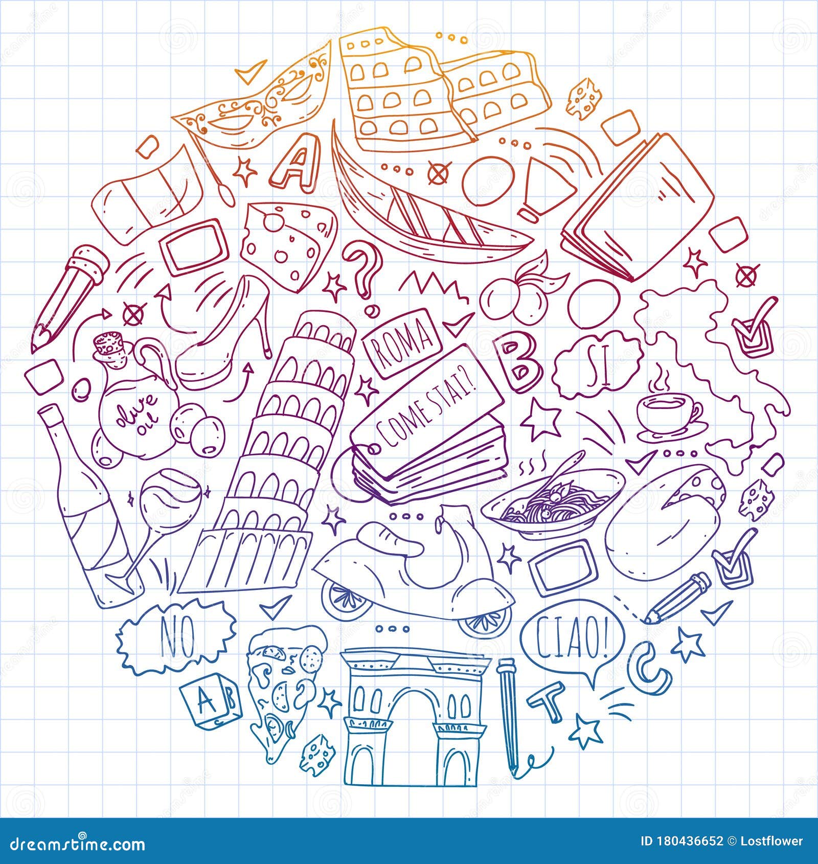 Italian Language Learning. Vector Pattern with Icons and National ...