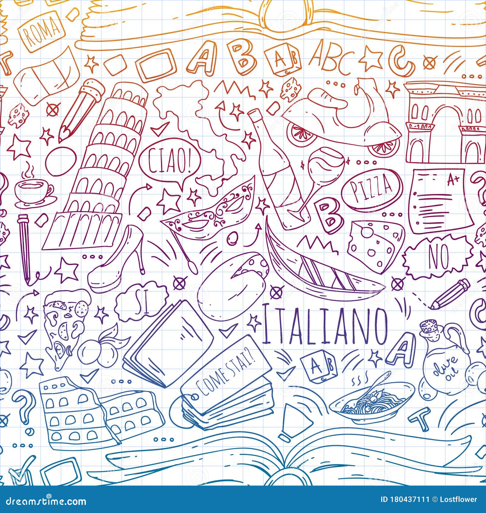 Italian Language Learning. Vector Pattern with Icons and National ...