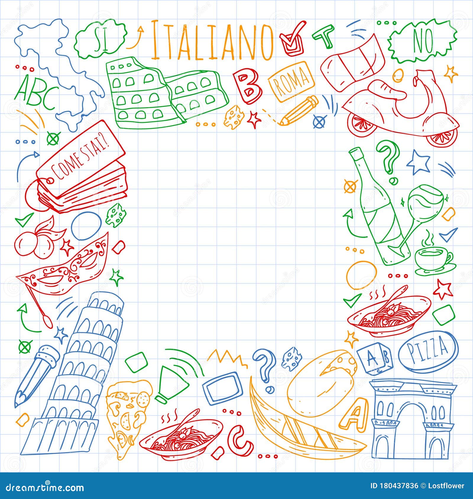Italian Language Learning. Vector Pattern with Icons and National ...