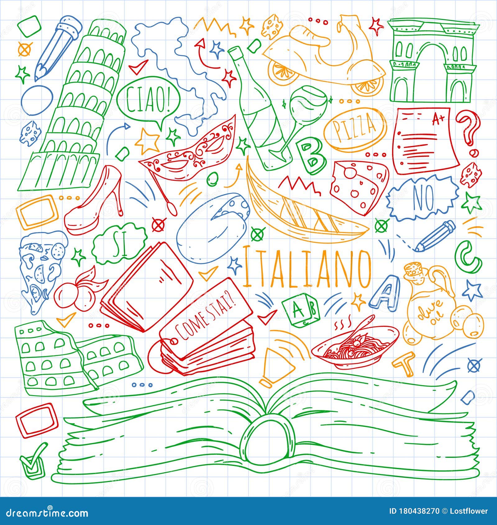 Italian Language Learning. Vector Pattern with Icons and National ...