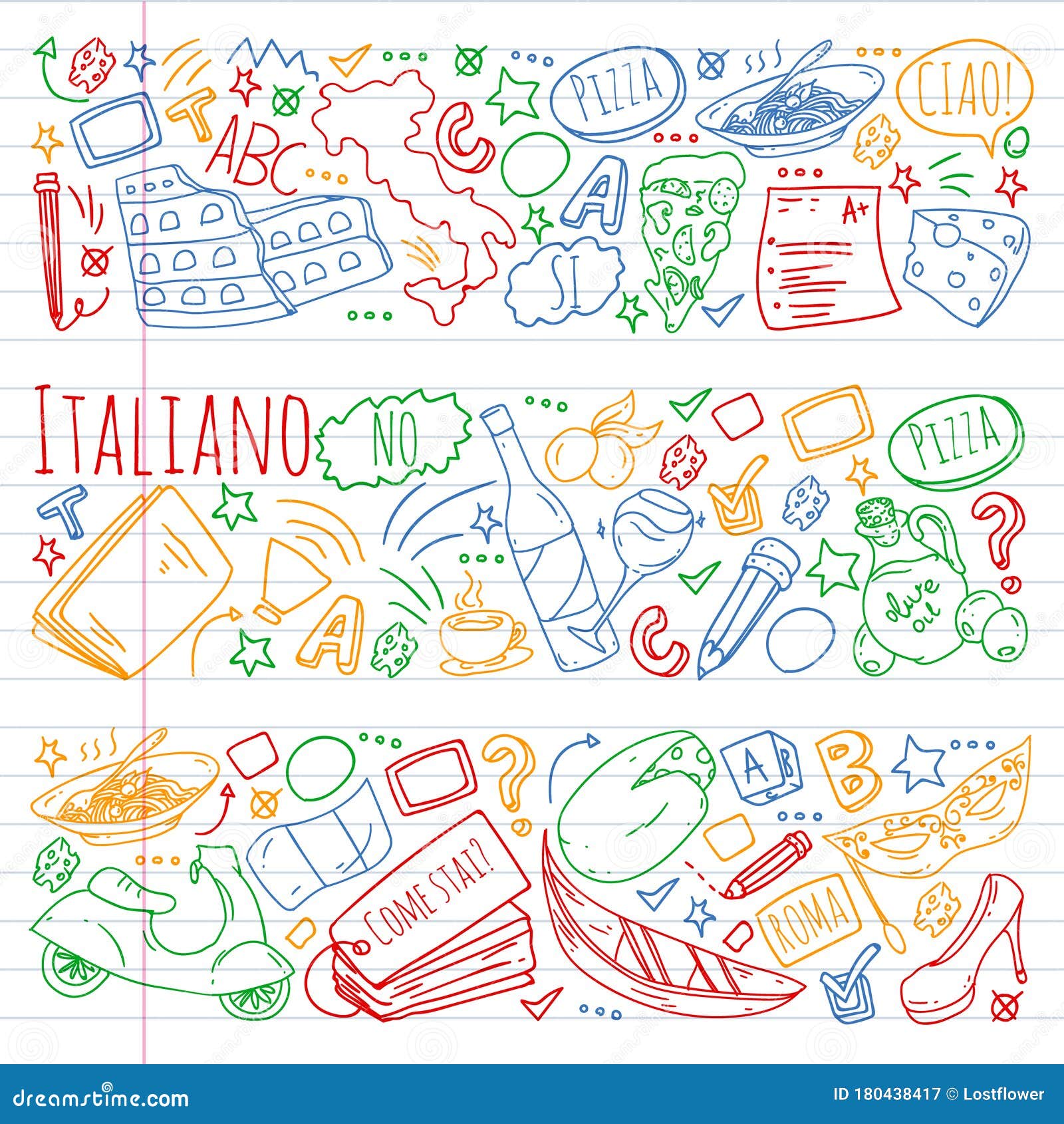 Italian Language Learning. Vector Pattern with Icons and National ...