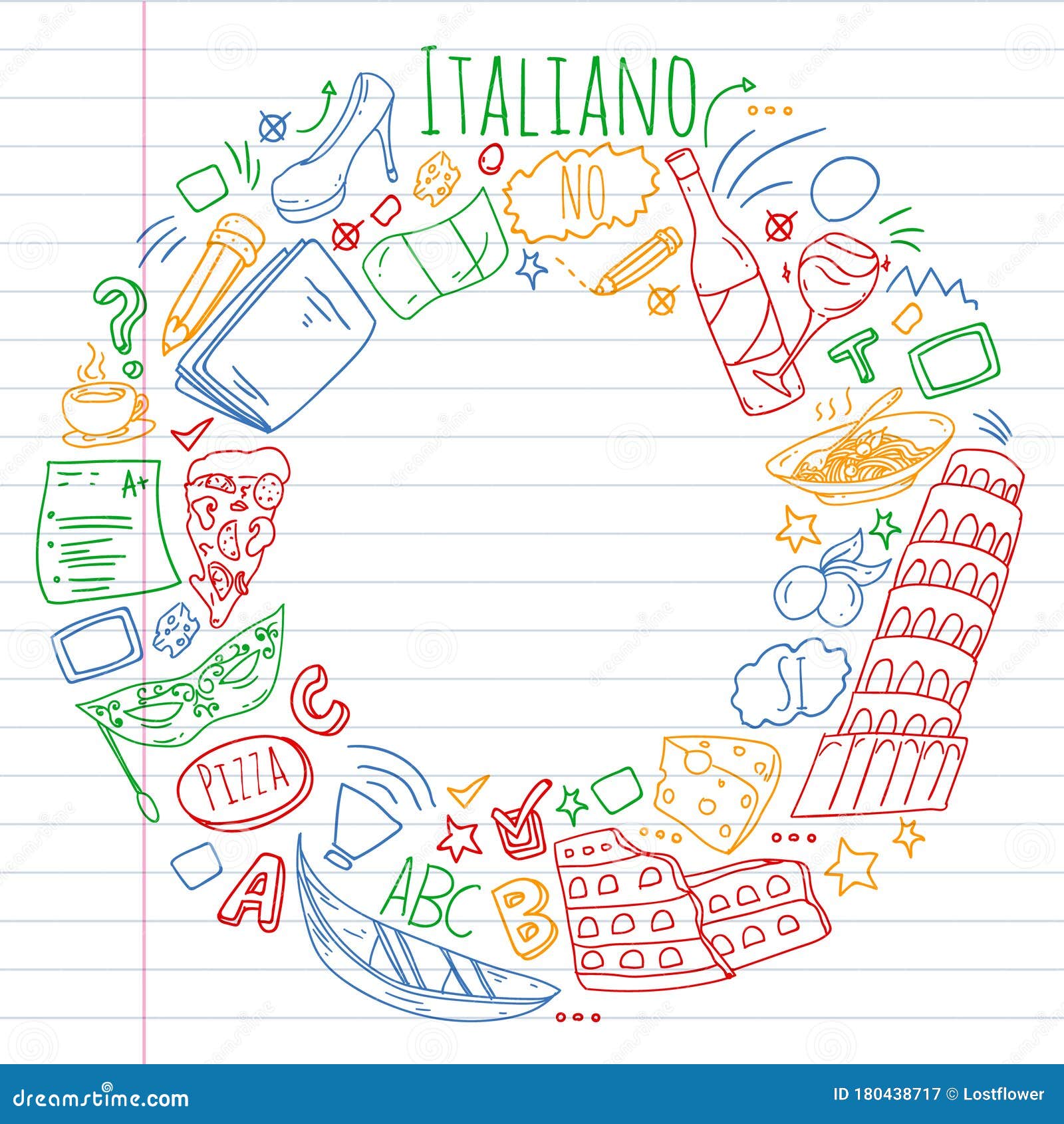 Italian Language Learning. Vector Pattern with Icons and National ...