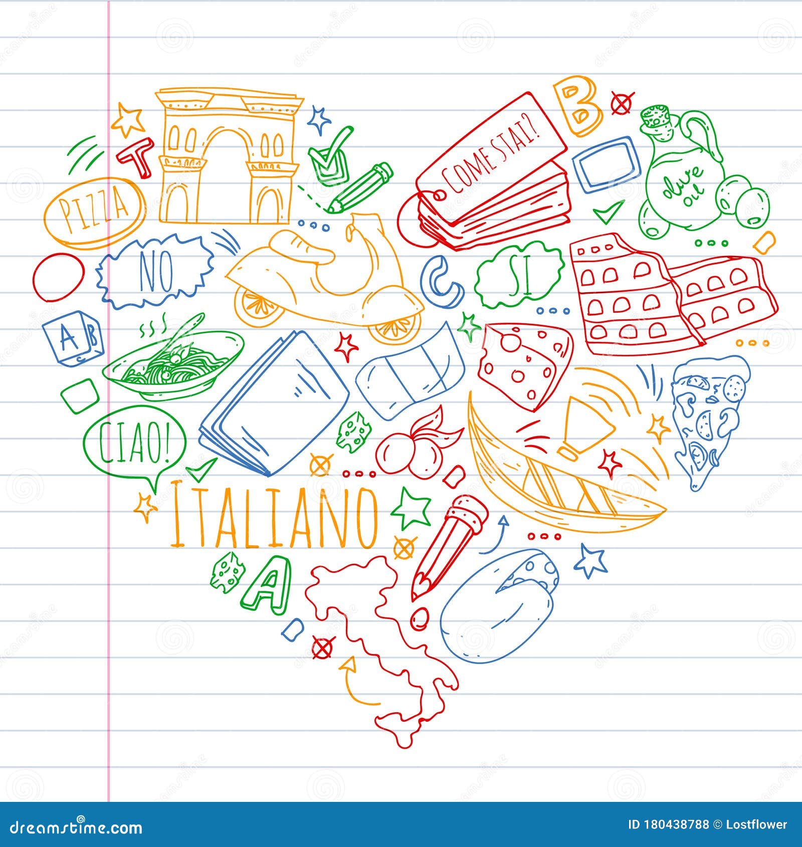 Italian Language Learning. Vector Pattern with Icons and National ...