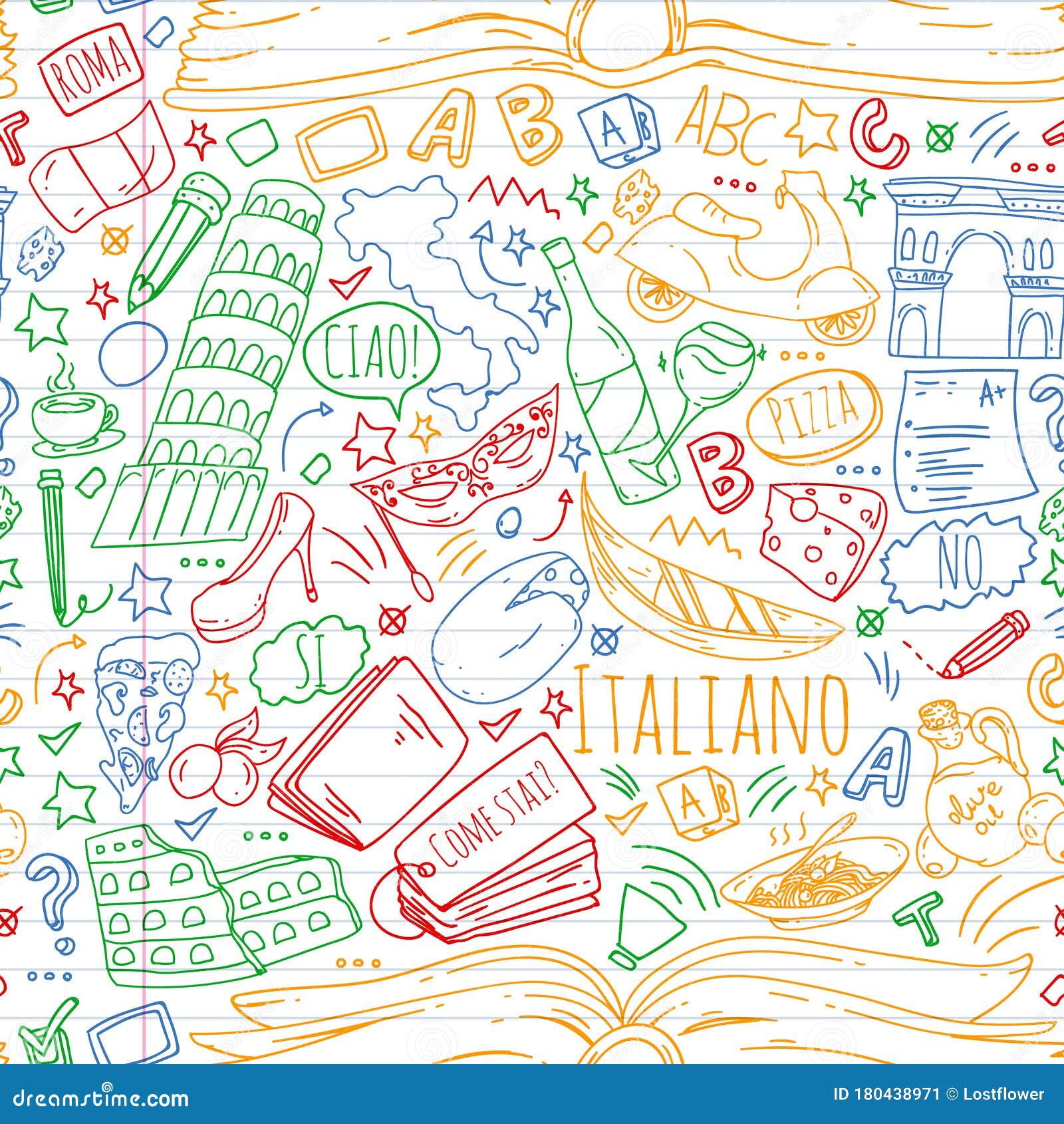 Italian Language Learning. Vector Pattern with Icons and National ...