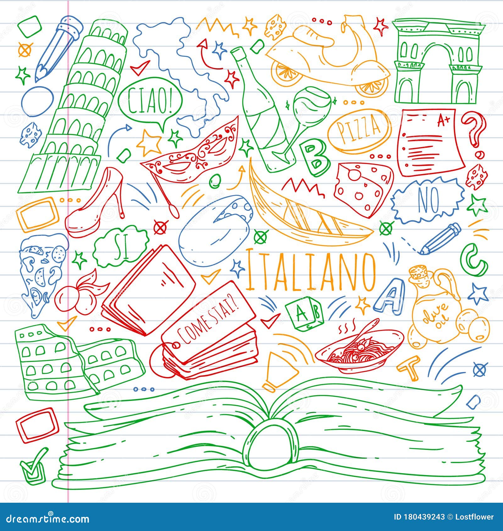 Italian Language Learning. Vector Pattern with Icons and National ...