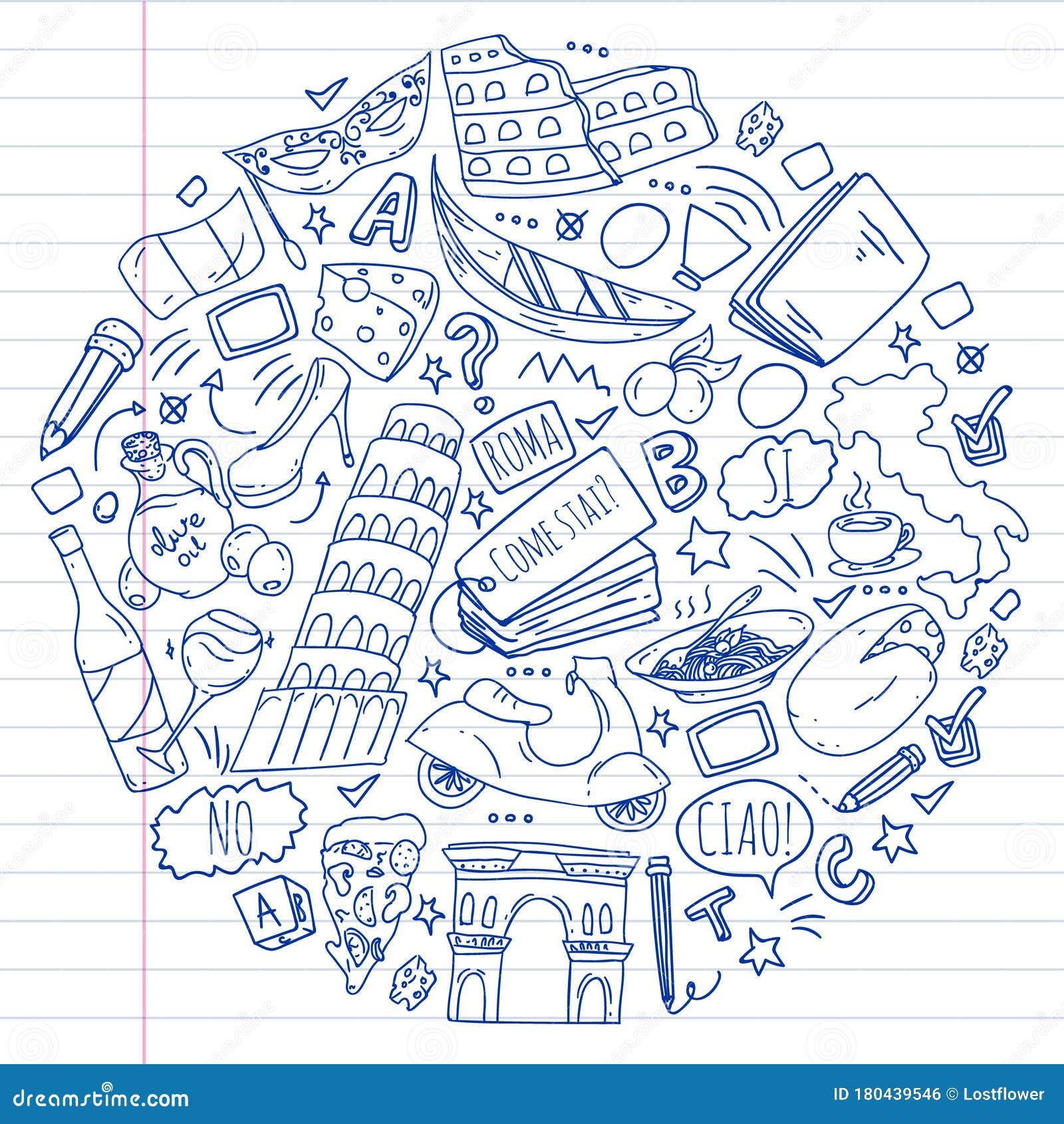 Italian Language Learning. Vector Pattern with Icons and National ...