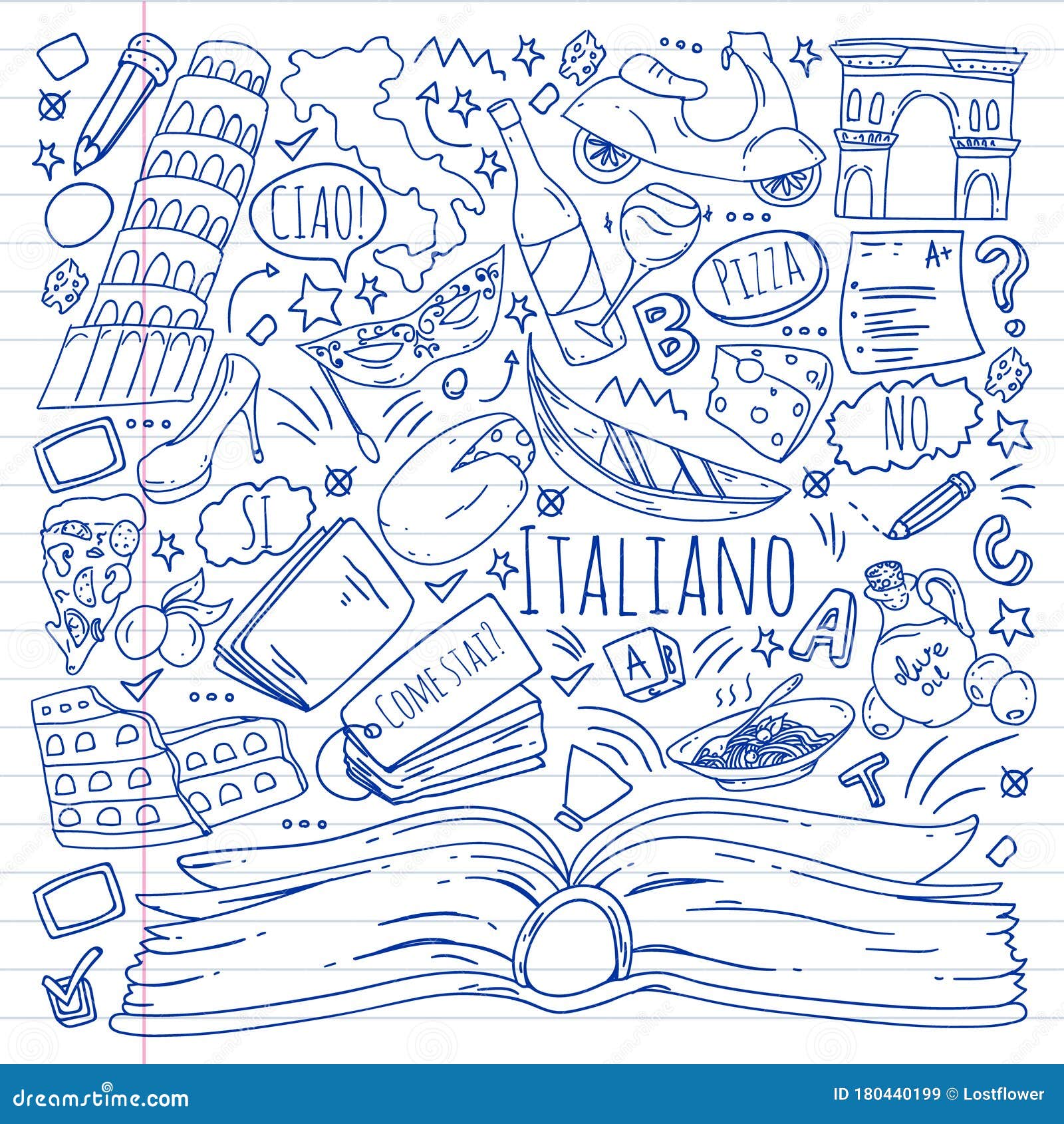 Italian Language Learning. Vector Pattern with Icons and National ...