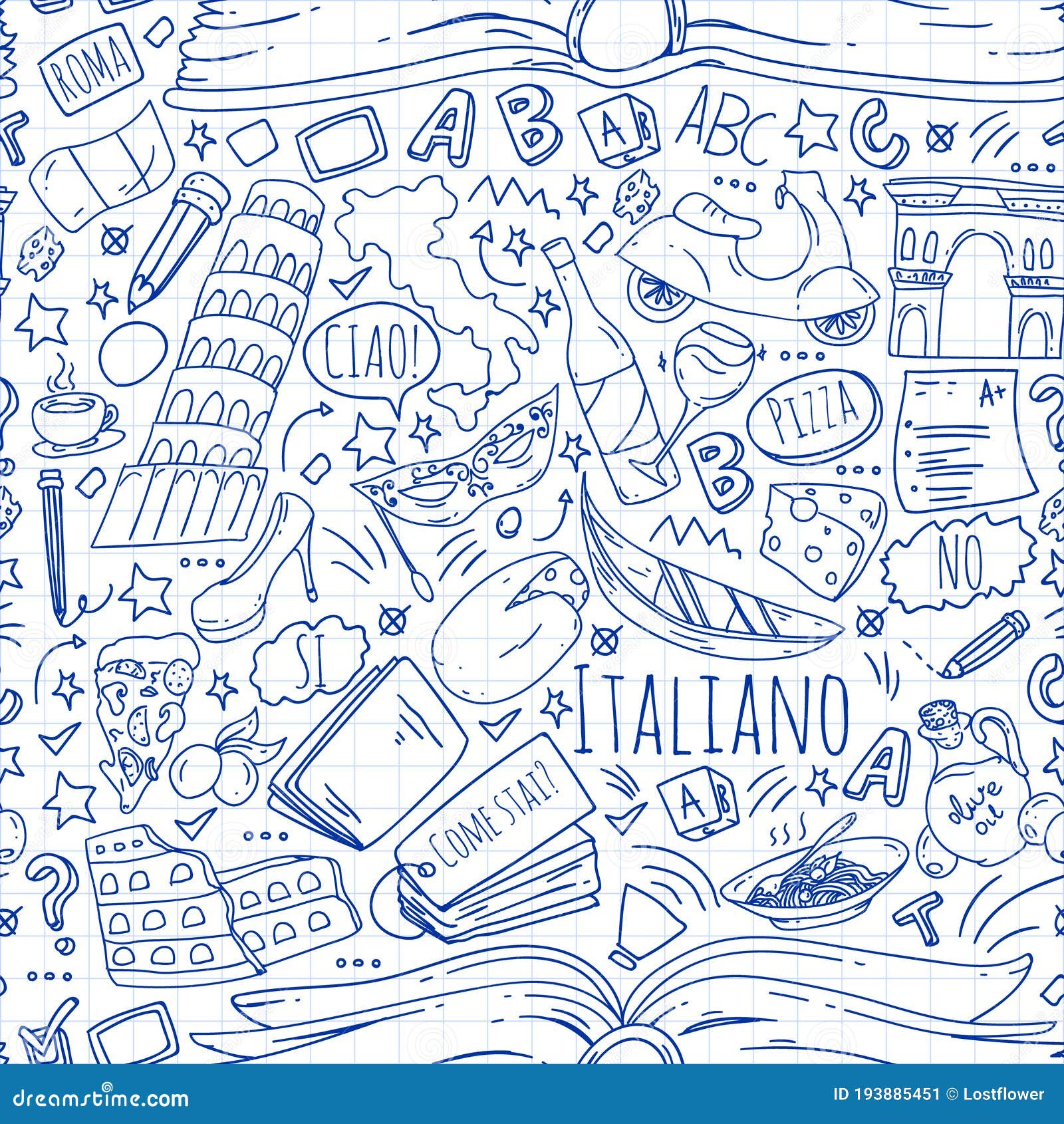 Italian Language Learning. Vector Pattern with Icons and National ...
