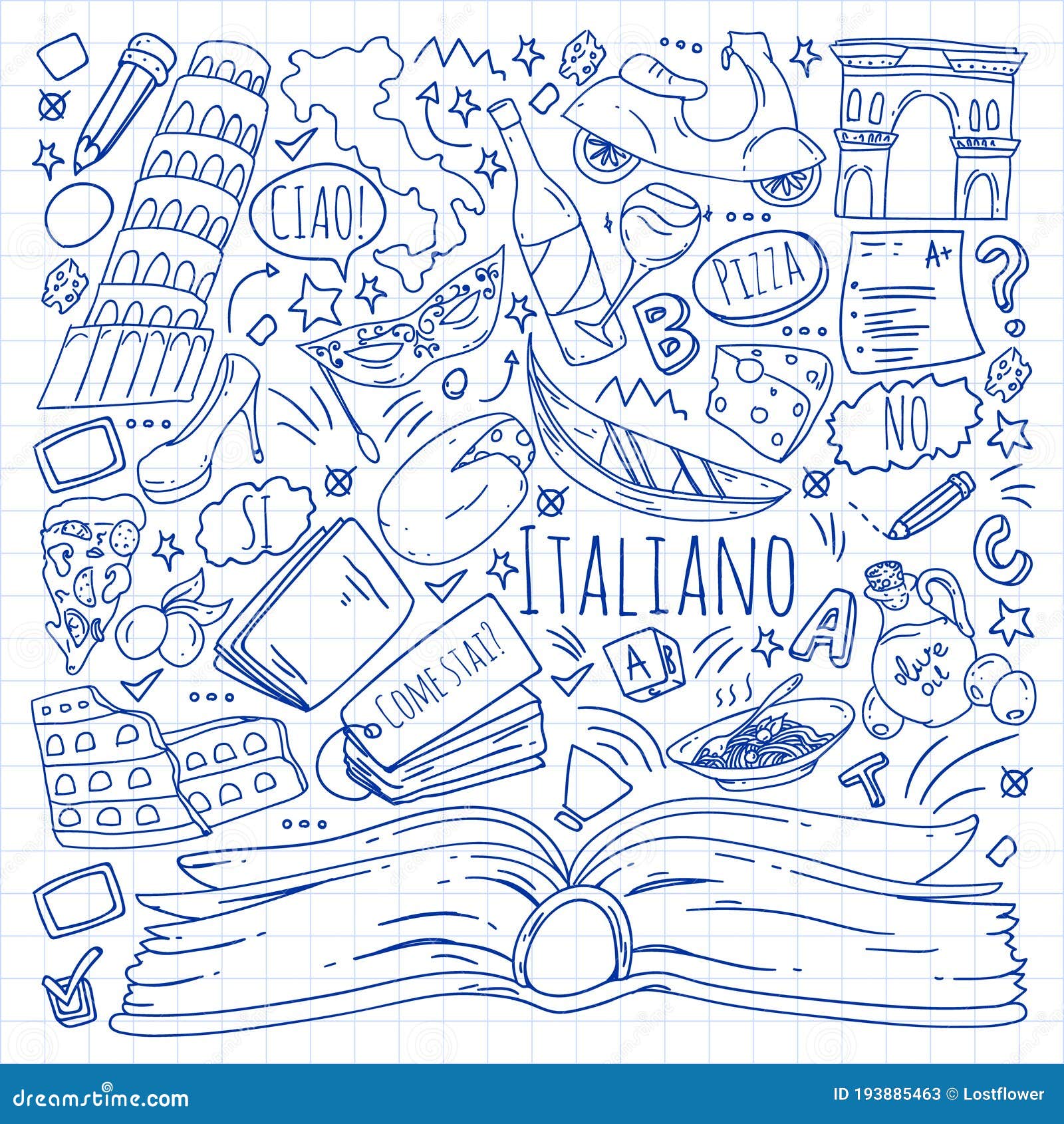 Italian Language Learning. Vector Pattern with Icons and National ...