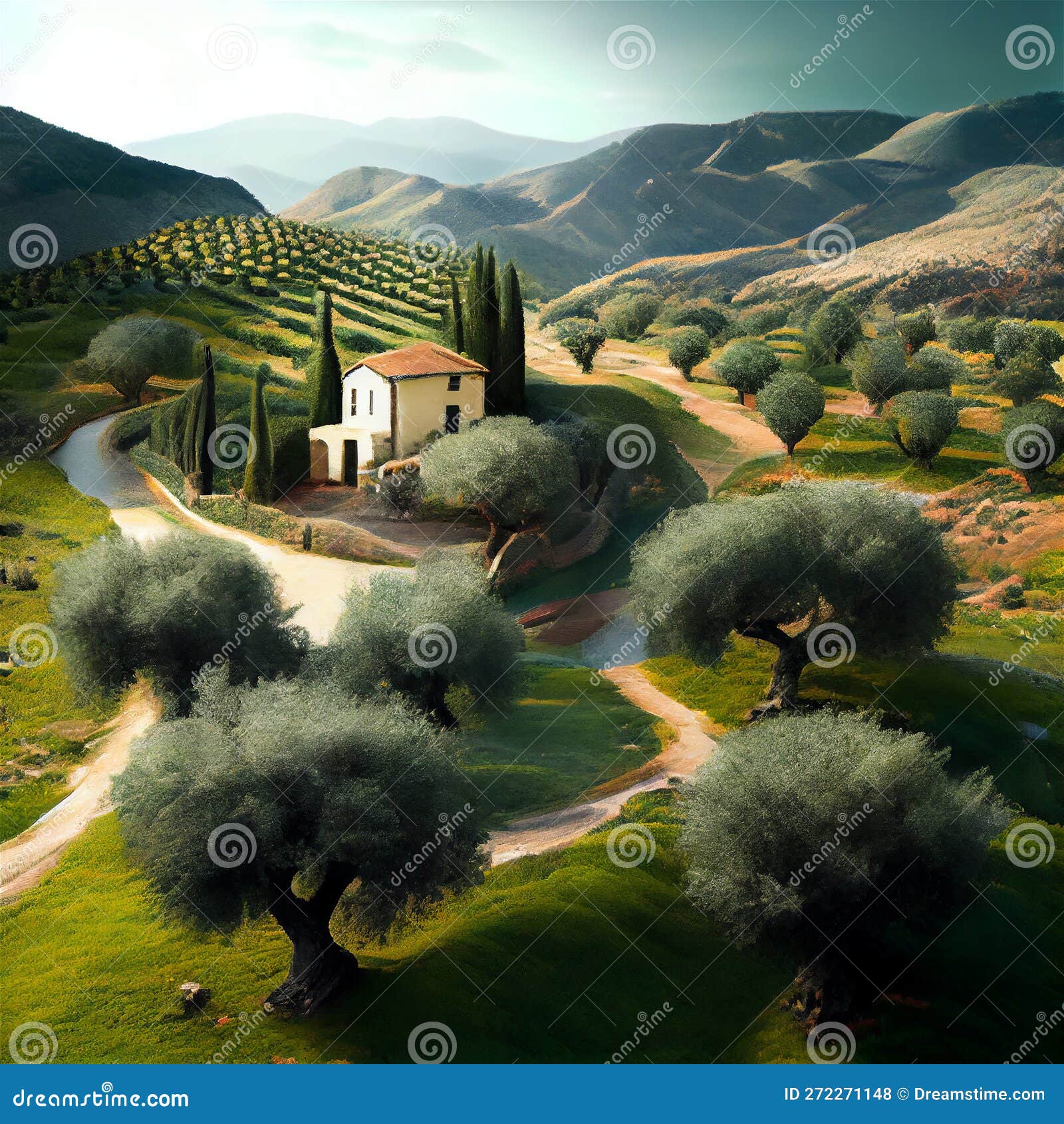 Italian Olive Farm Surrounded with Olive Trees Stock Illustration ...