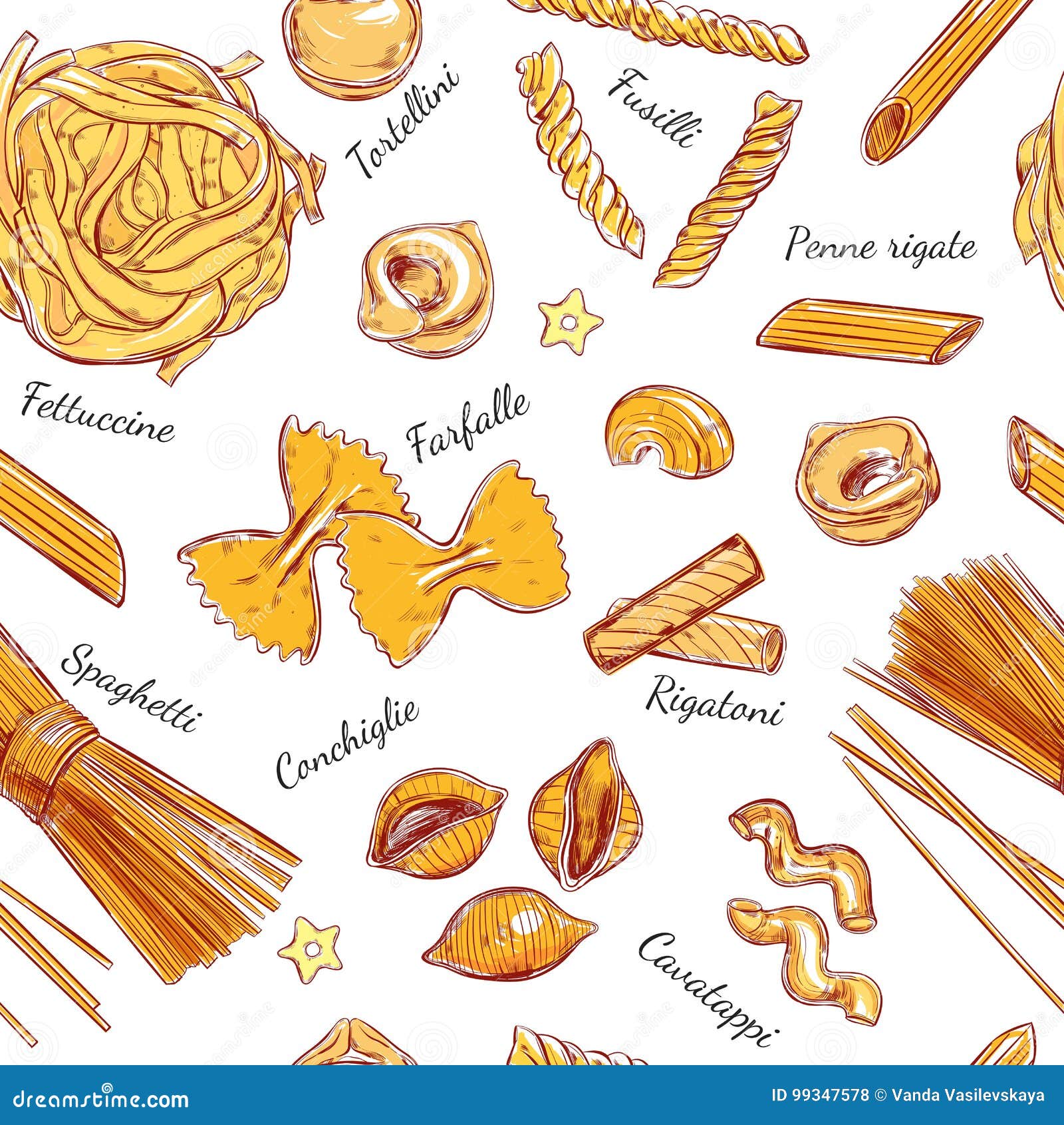 Italian Pasta Seamless Pattern Different Types of Pasta. Vector Hand ...