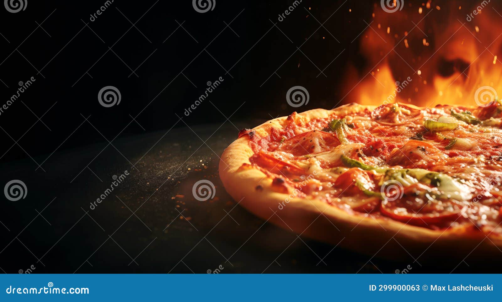 Italian Pizza on Black Table in Front of Oven with Open Fire, Copy ...