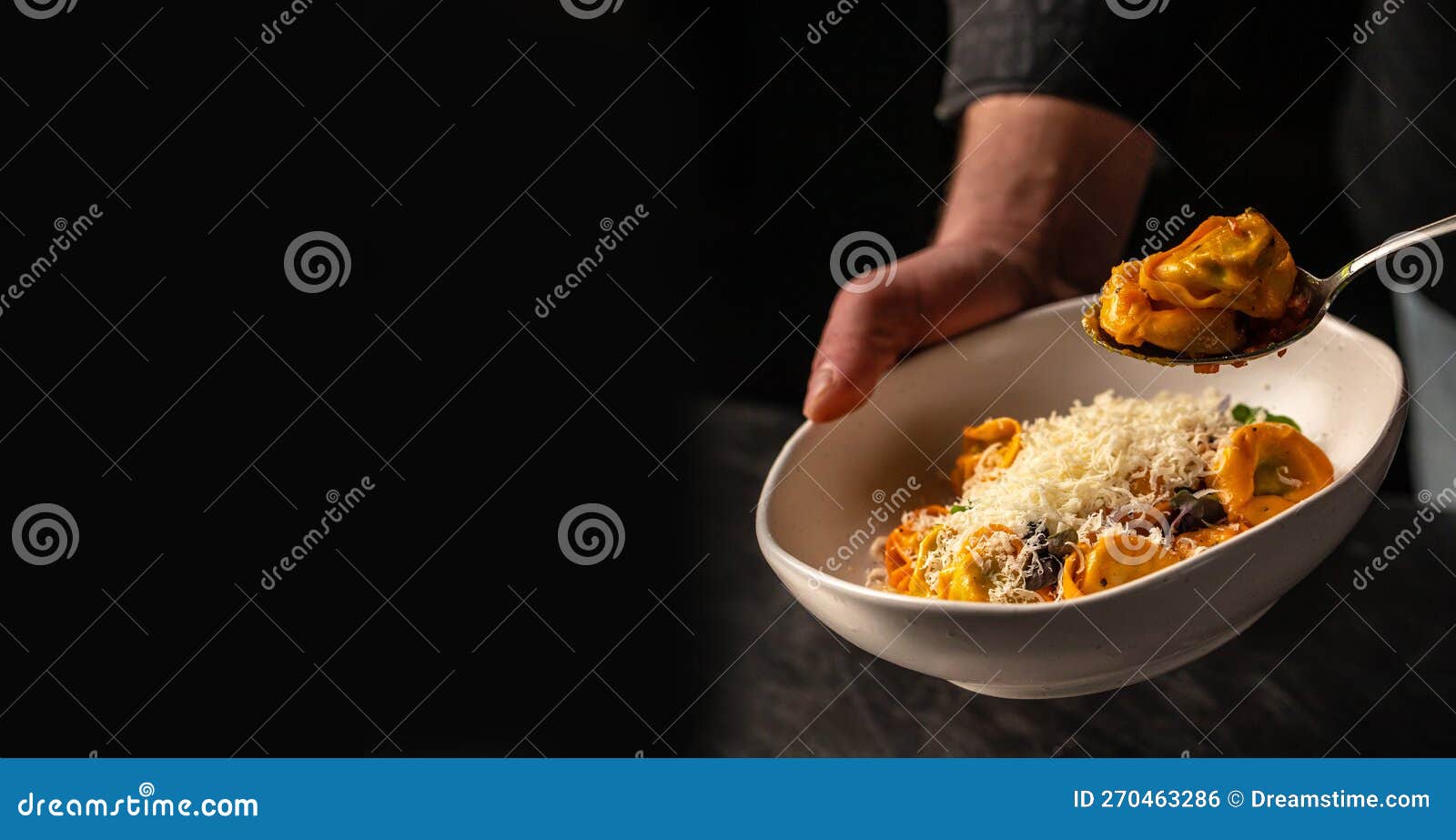 Italian Ravioli Served with Cheese on a Dark Background. Long Banner ...
