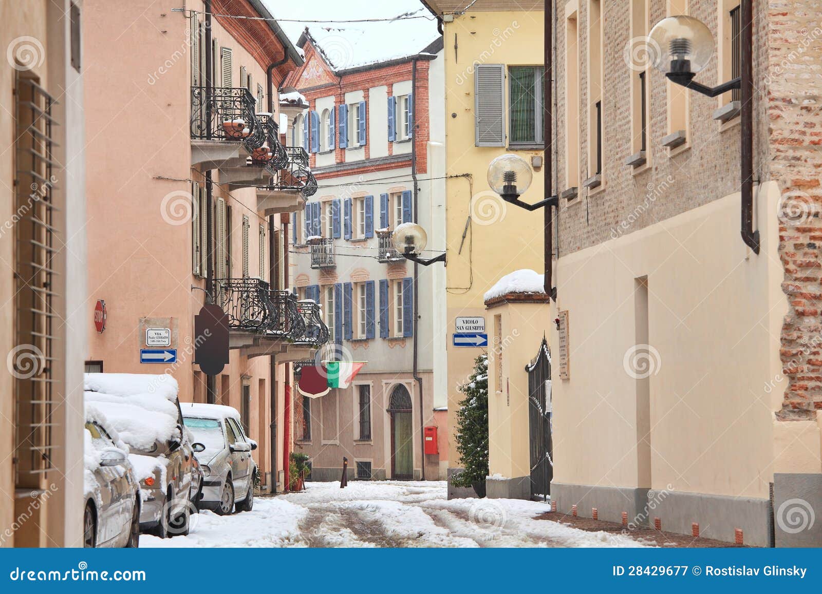 Italian Town Under the Snow. Alba, Italy. Stock Image - Image of ...
