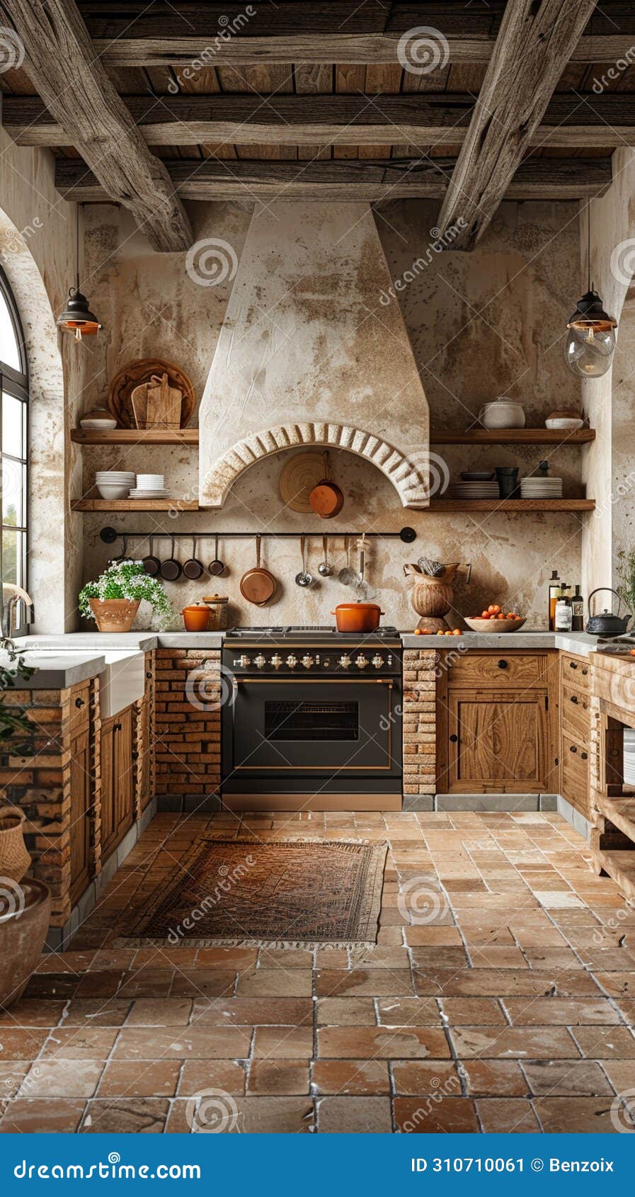 Italian Villa Kitchen with Terracotta Tiles and a Rustic Stone Oven3D ...