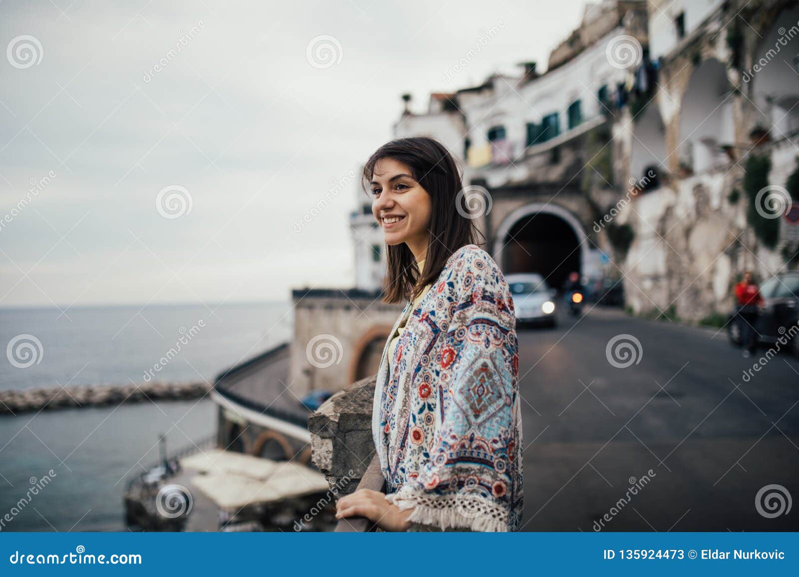 Italian Young Woman Enjoying Beautiful Sunset In Amalfi On Amalfi Coast
