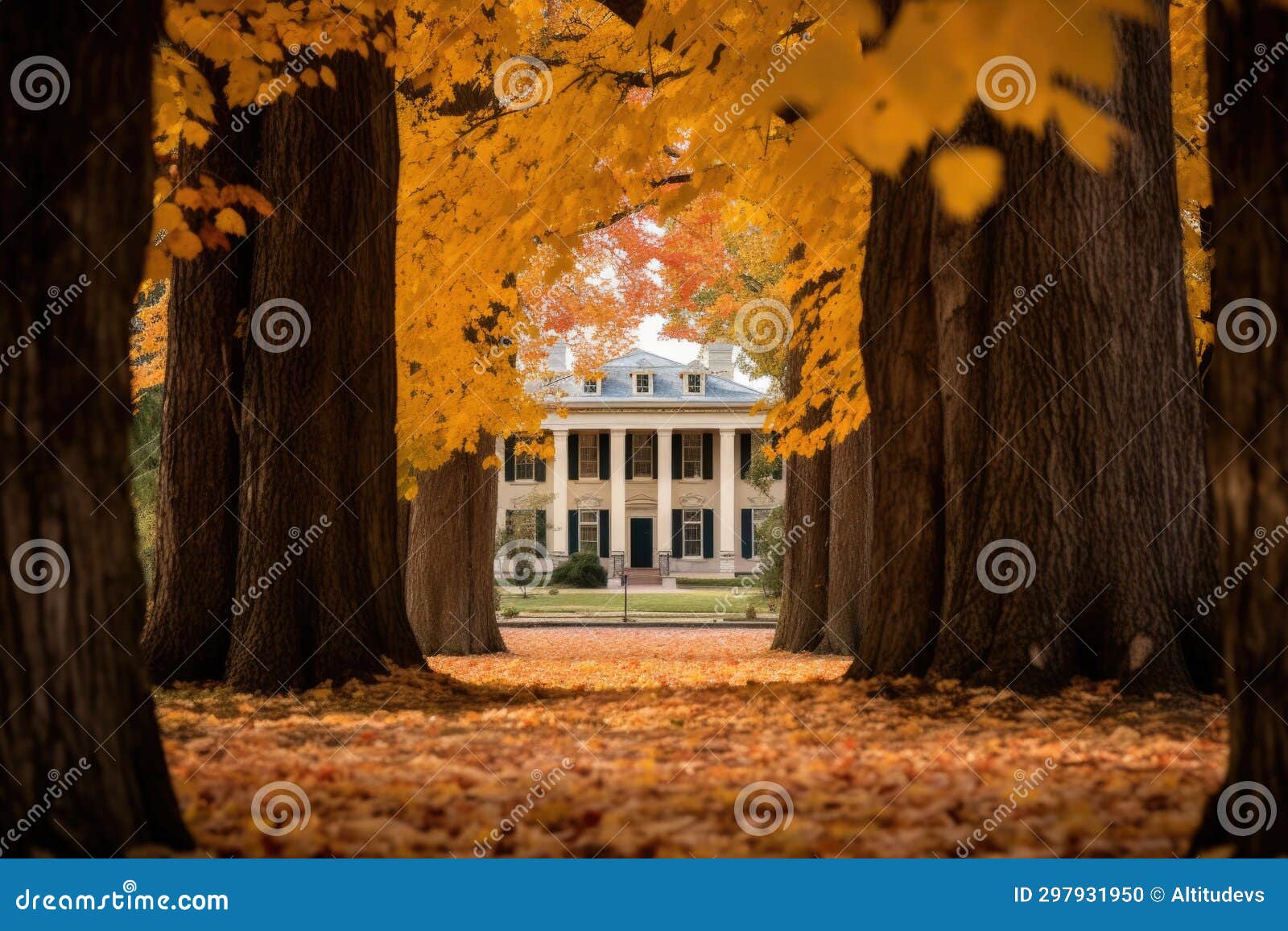 Italianate Structure Seen through Rows of Trees in Autumn Stock Photo ...