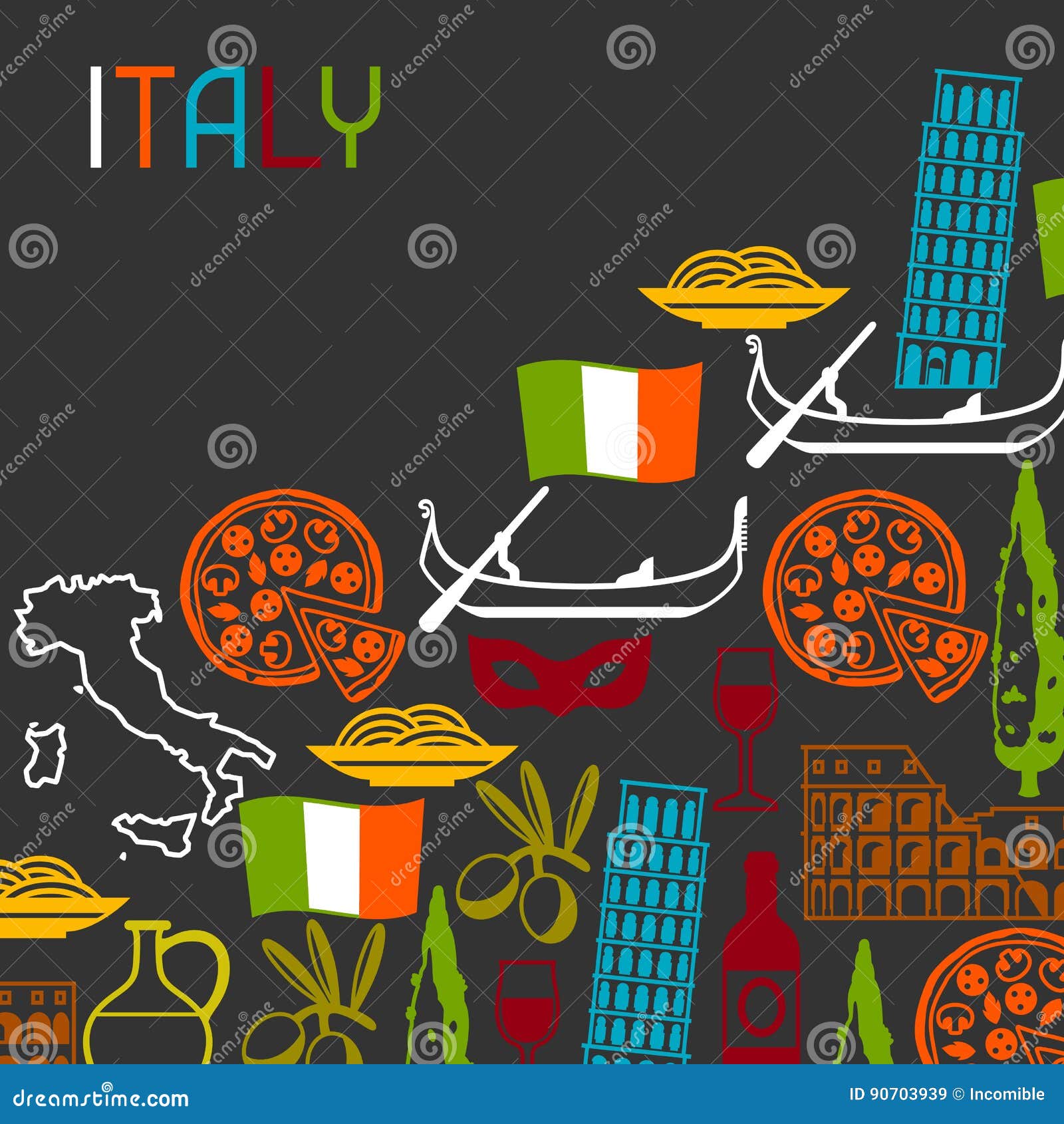 Italy Background Design. Italian Symbols And Objects Cartoon Vector ...